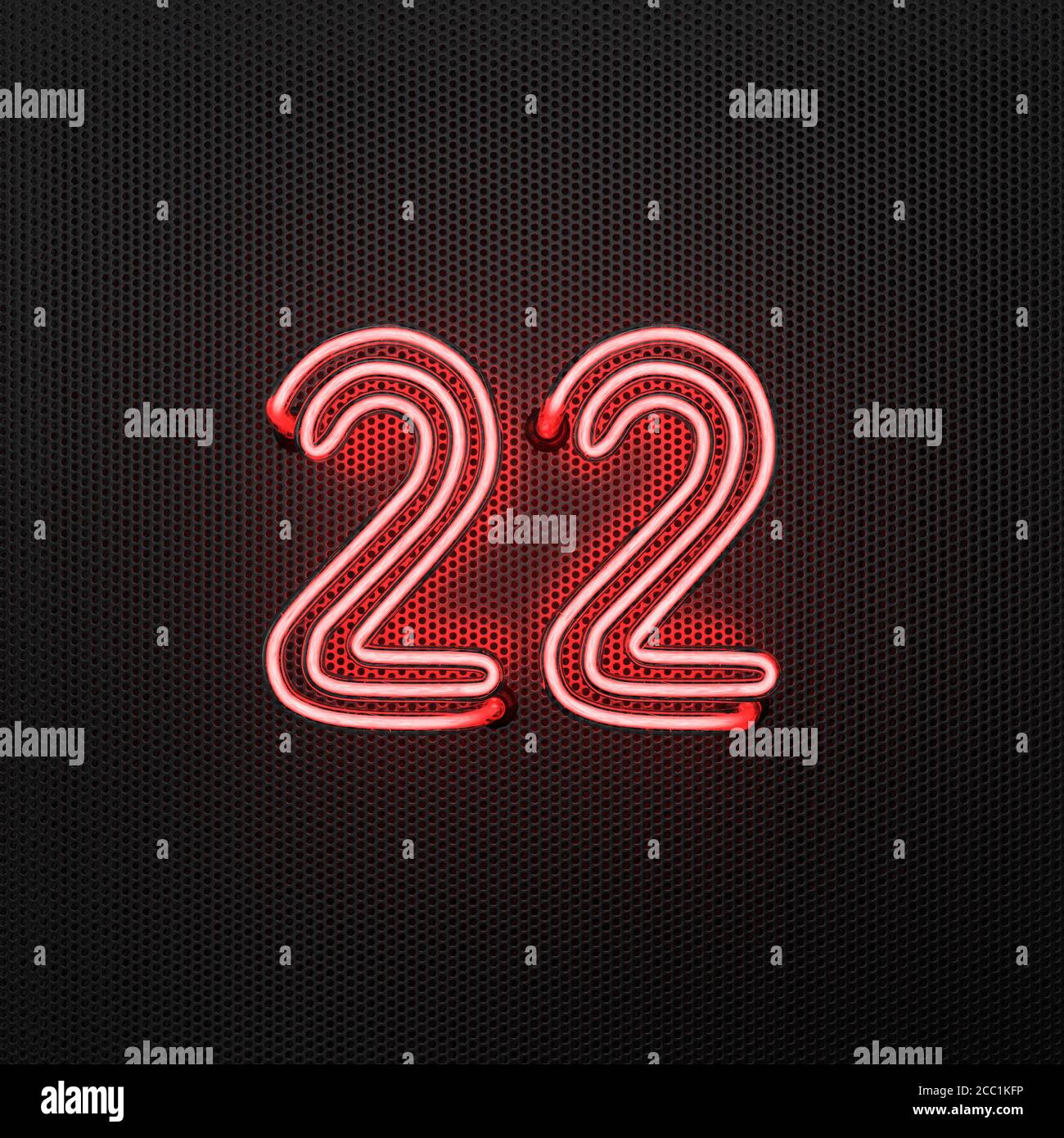 Glowing red neon number 22 (number twenty-two) on a perforated metal ...