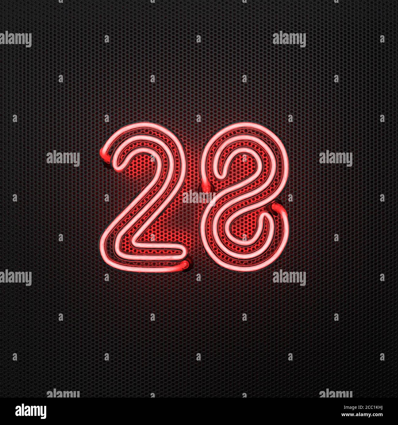 Glowing red neon number 28 (number twenty-eight) on a perforated metal ...