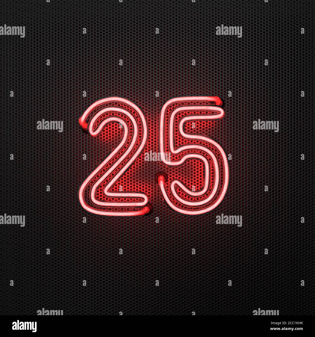 Glowing red neon number 25 (number twenty-five) on a perforated metal ...
