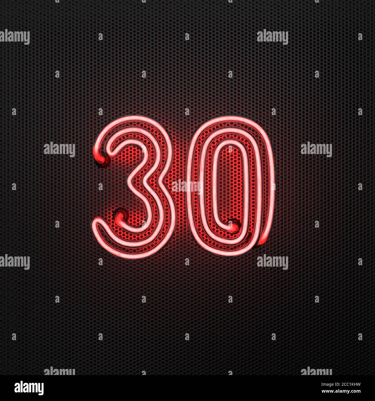 Glowing red neon number 30 (number thirty) on a perforated metal ...