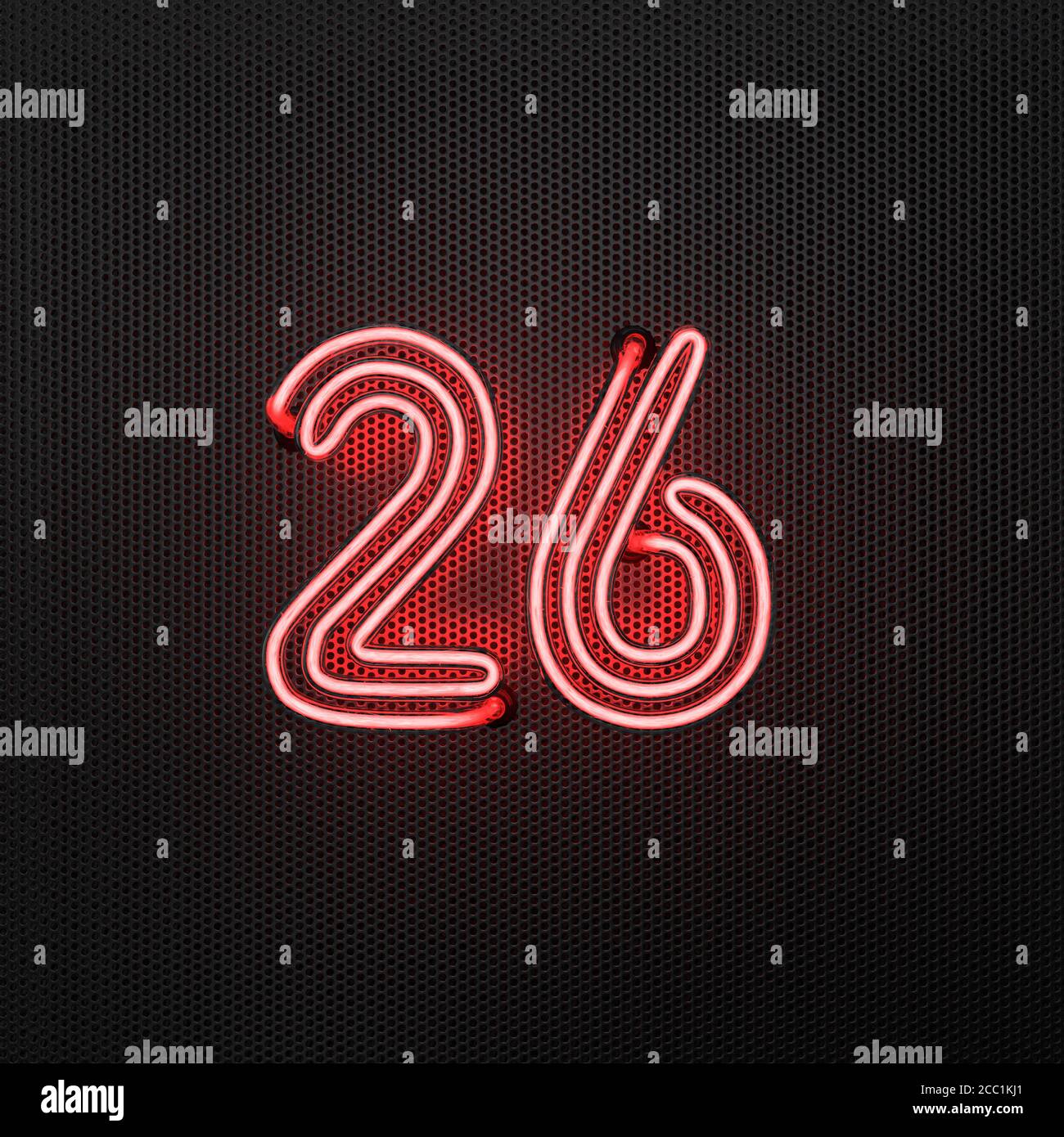 Glowing red neon number 26 (number twenty-six) on a perforated metal ...