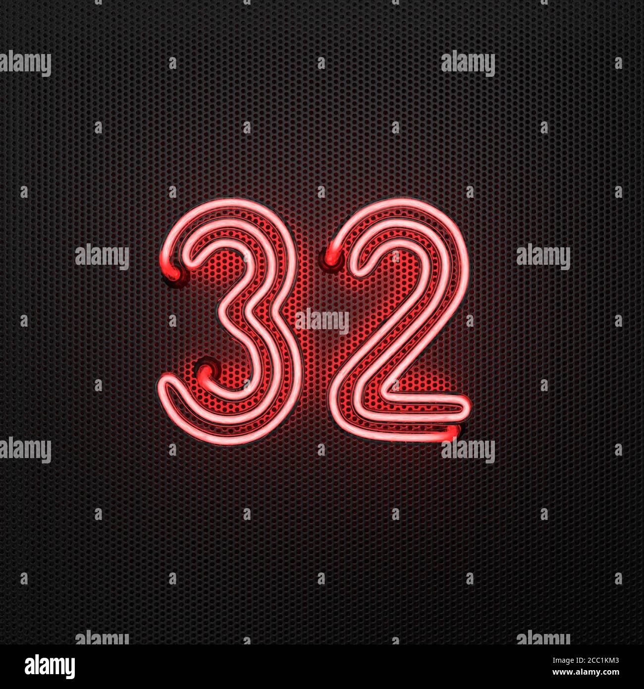 Glowing red neon number 32 (number thirty-two) on a perforated metal ...