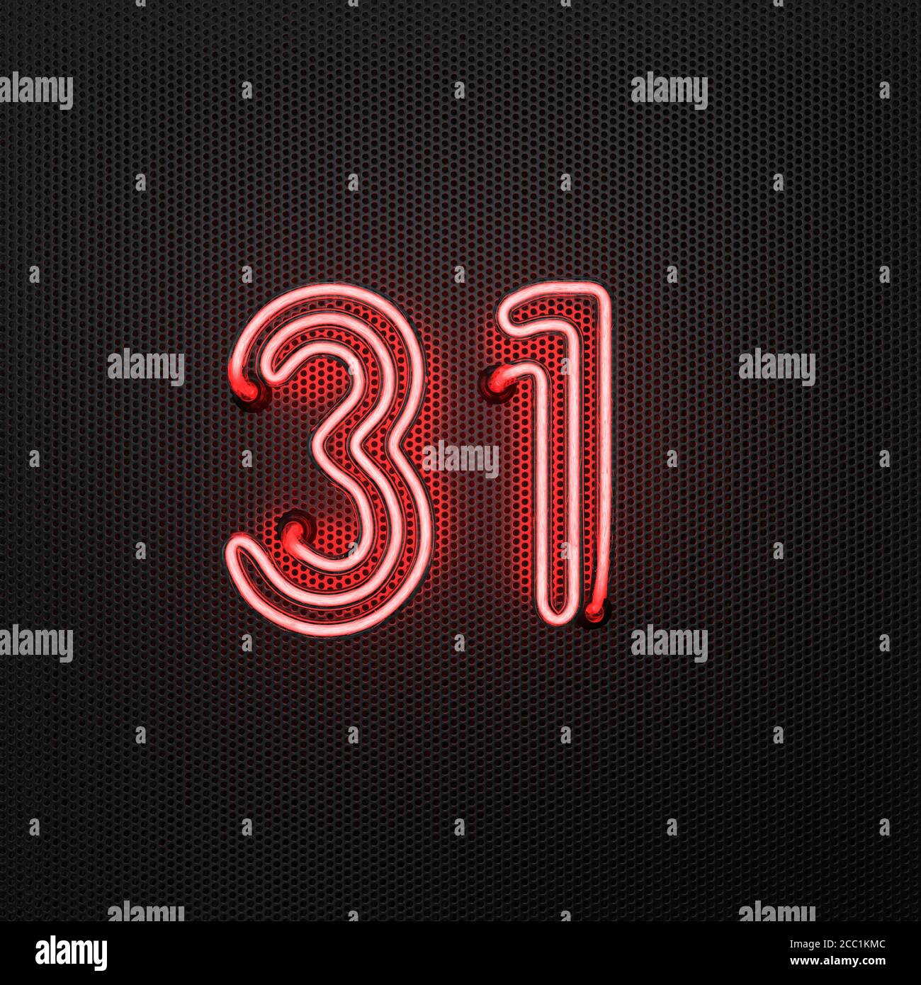 Glowing red neon number 31 (number thirty-one) on a perforated metal ...