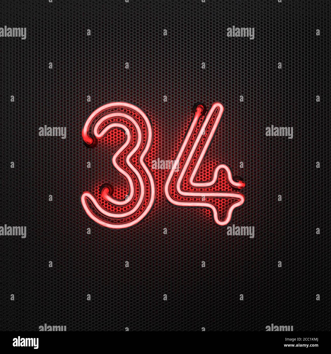 Glowing red neon number 34 (number thirty-four) on a perforated metal ...