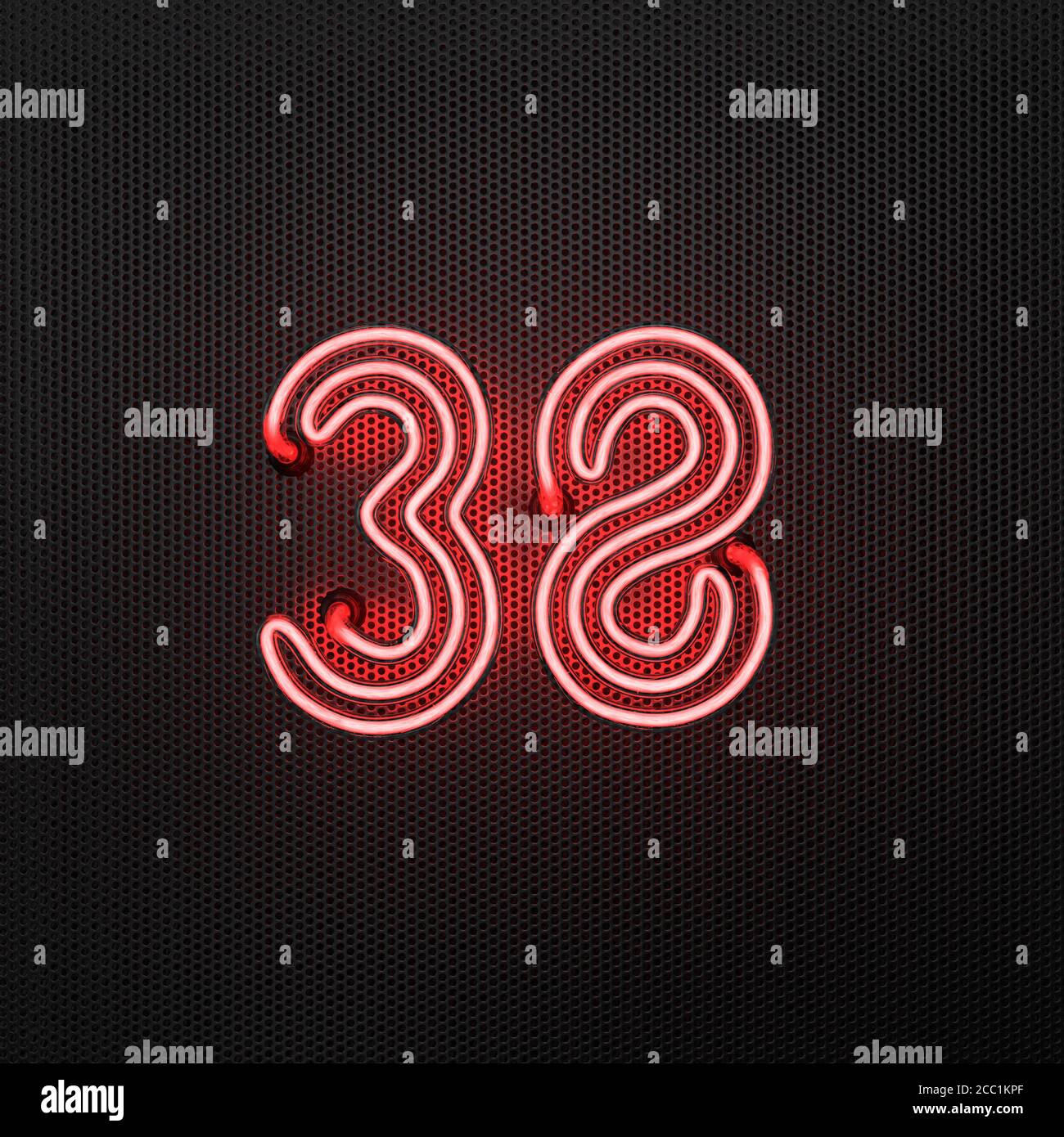 Glowing red neon number 38 (number thirty-eight) on a perforated metal ...