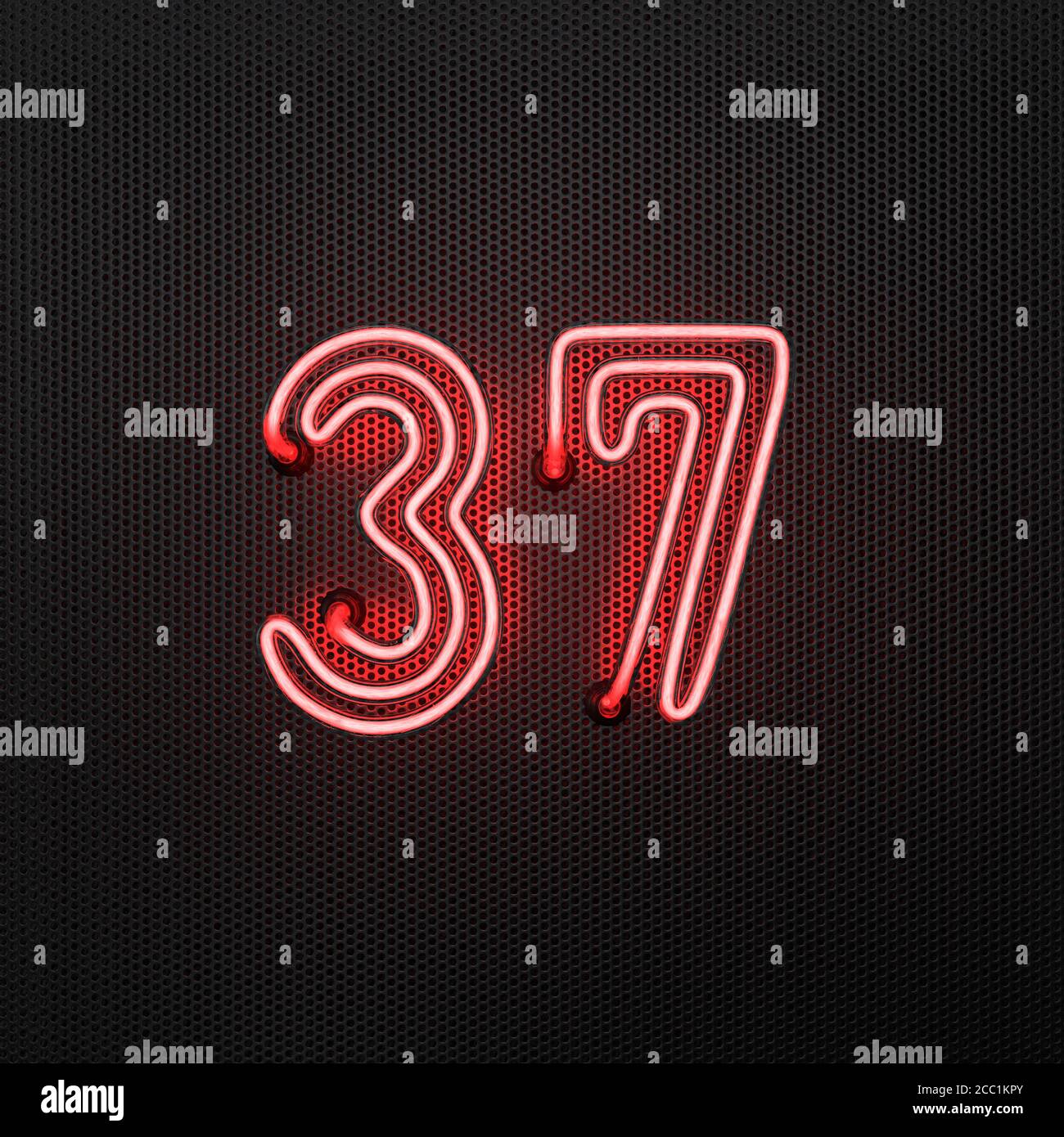 Glowing red neon number 37 (number thirty-seven) on a perforated metal ...