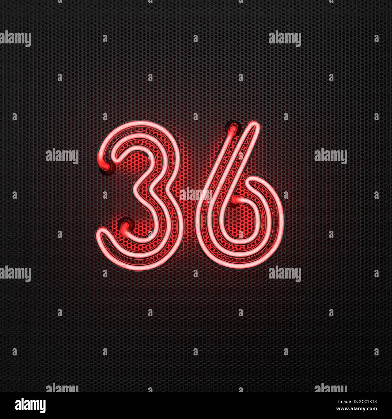 Glowing red neon number 36 (number thirty-six) on a perforated metal ...