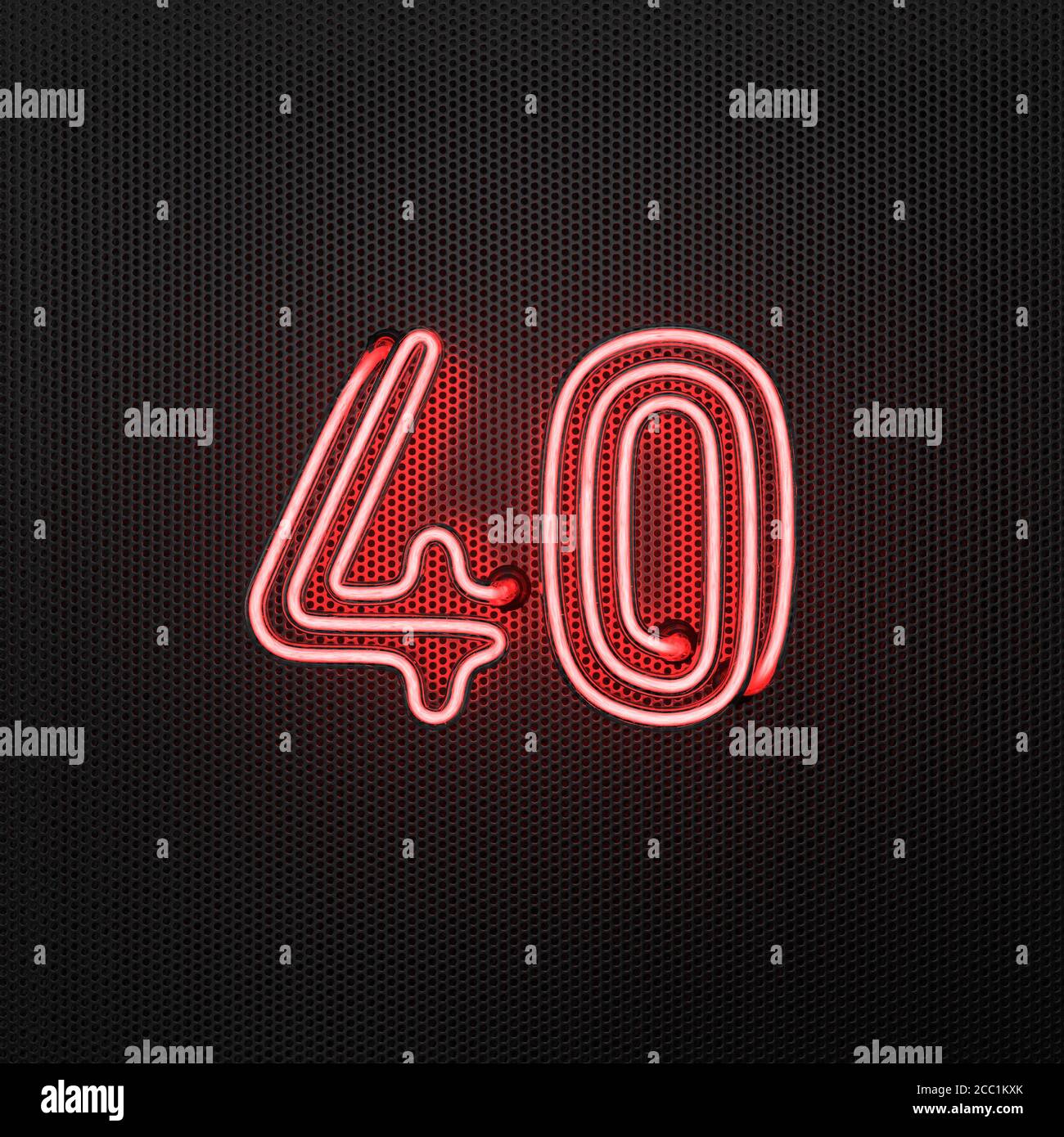 Glowing red neon number 40 (number forty) on a perforated metal ...