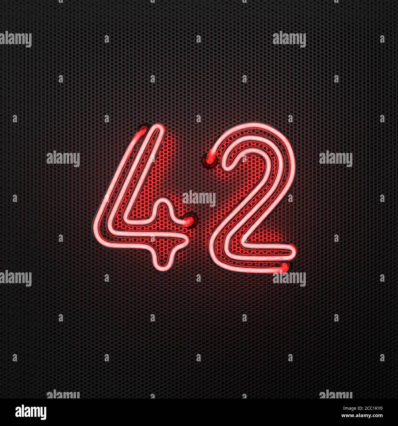 Glowing red neon number 42 (number forty-two) on a perforated metal ...
