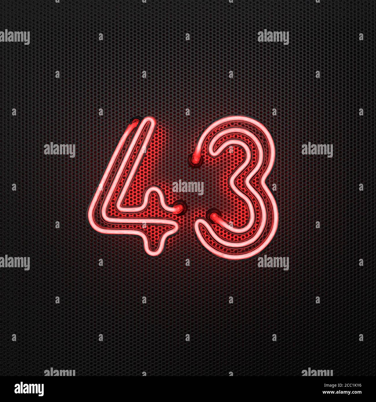 Glowing red neon number 43 (number forty-three) on a perforated metal ...