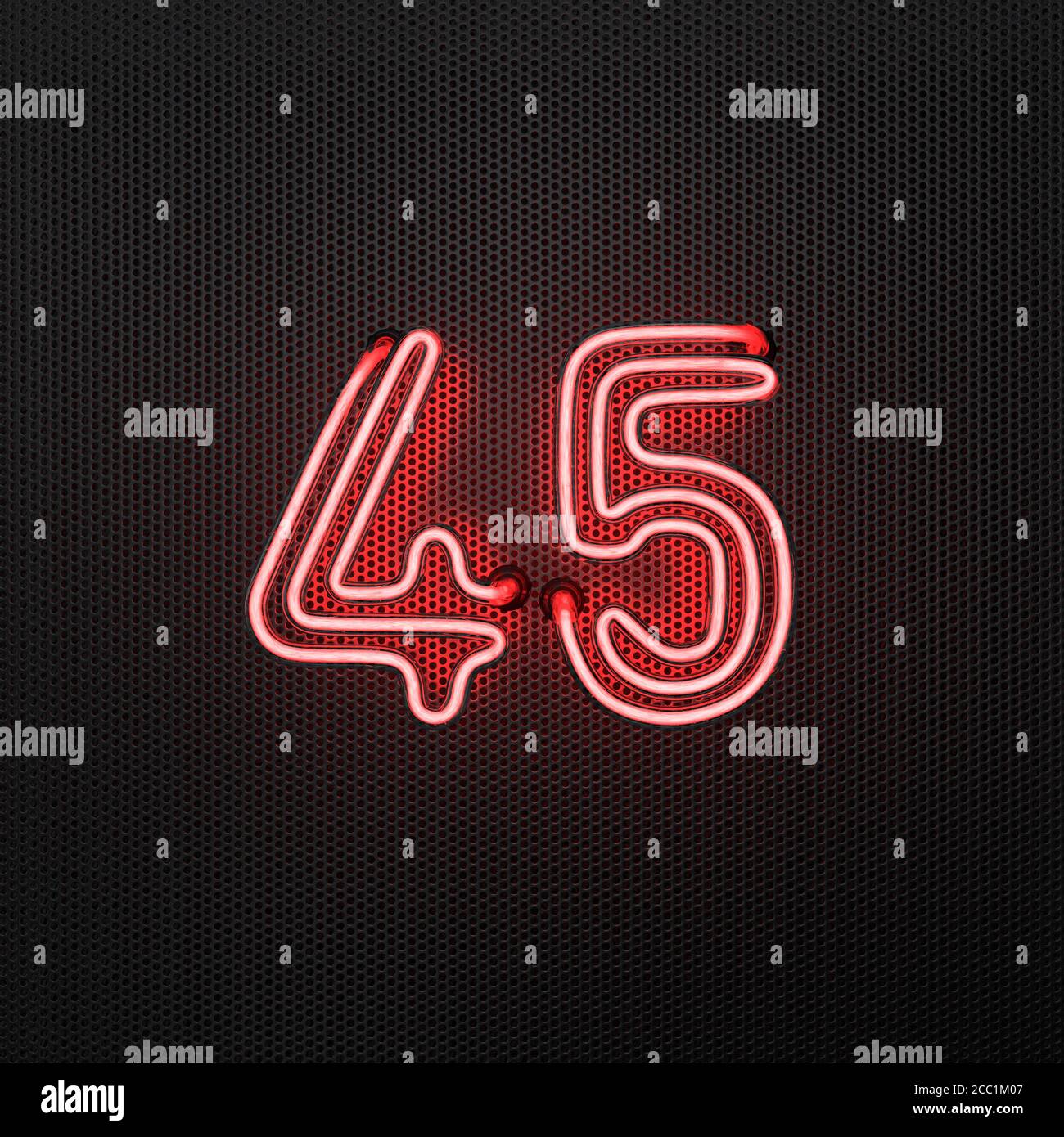 Glowing red neon number 45 (number forty-five) on a perforated metal ...