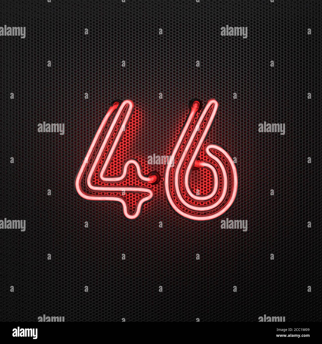Glowing red neon number 46 (number forty-six) on a perforated metal ...