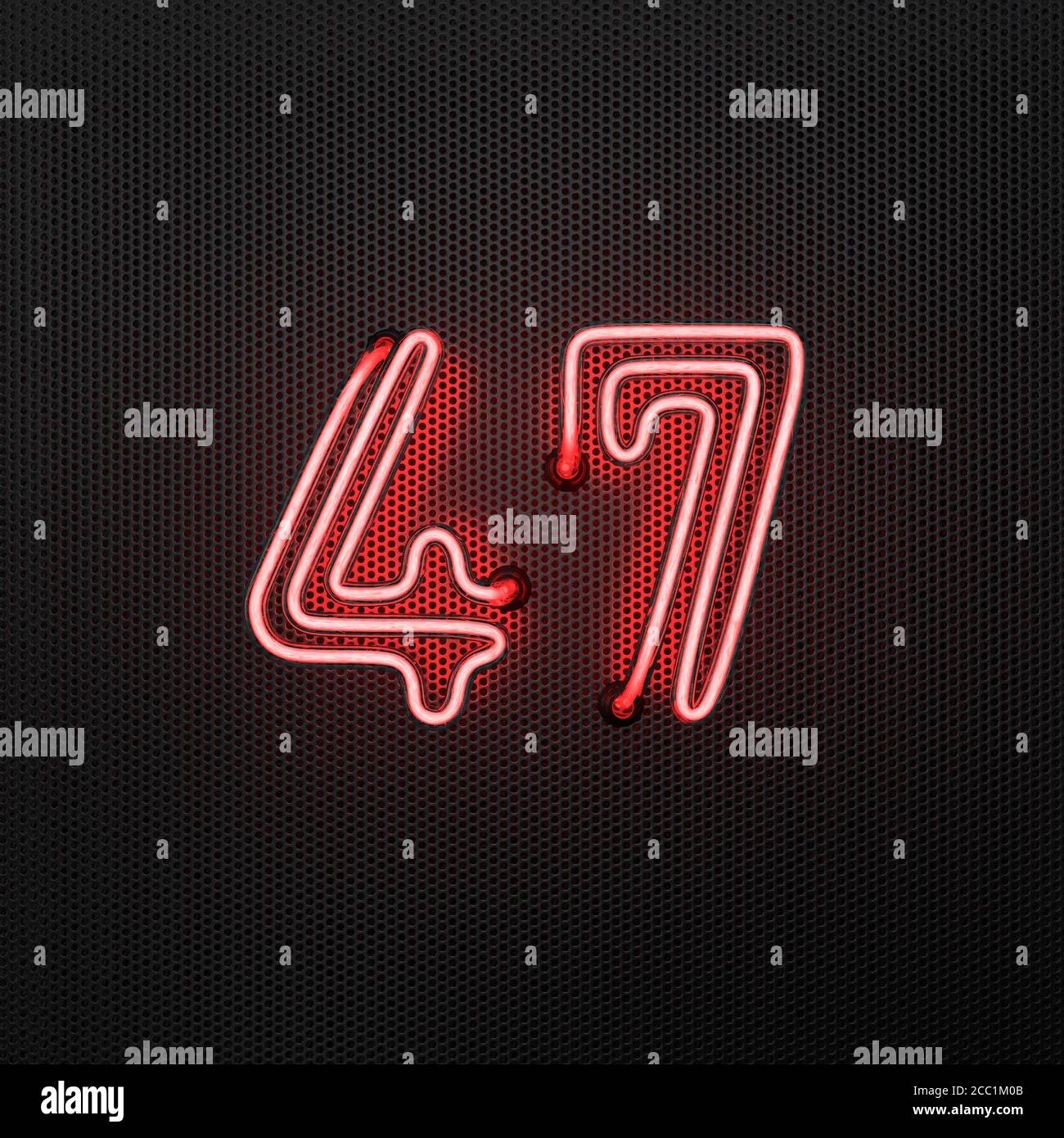 Glowing red neon number 47 (number forty-seven) on a perforated metal ...