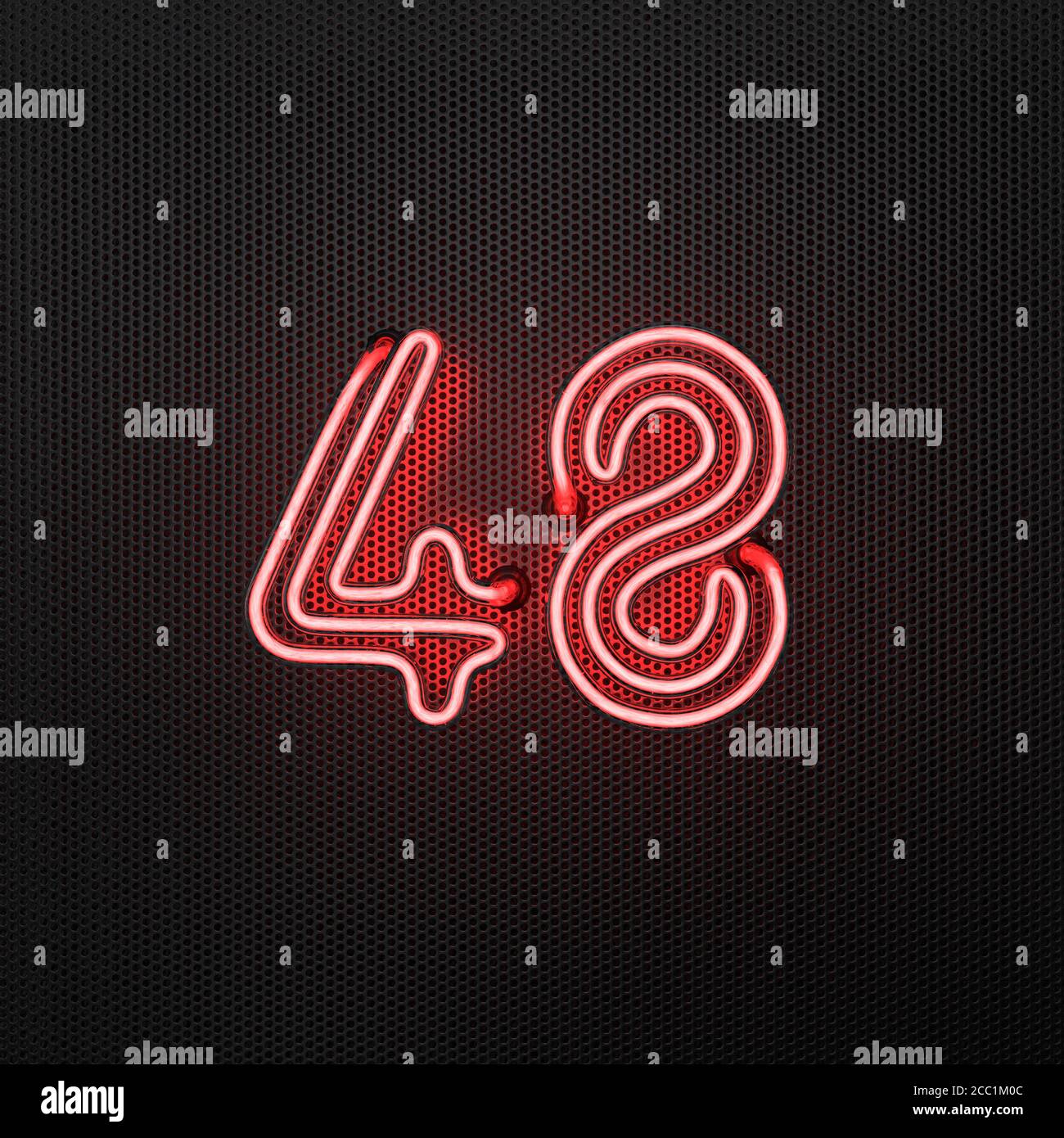 Glowing red neon number 48 (number forty-eight) on a perforated metal ...