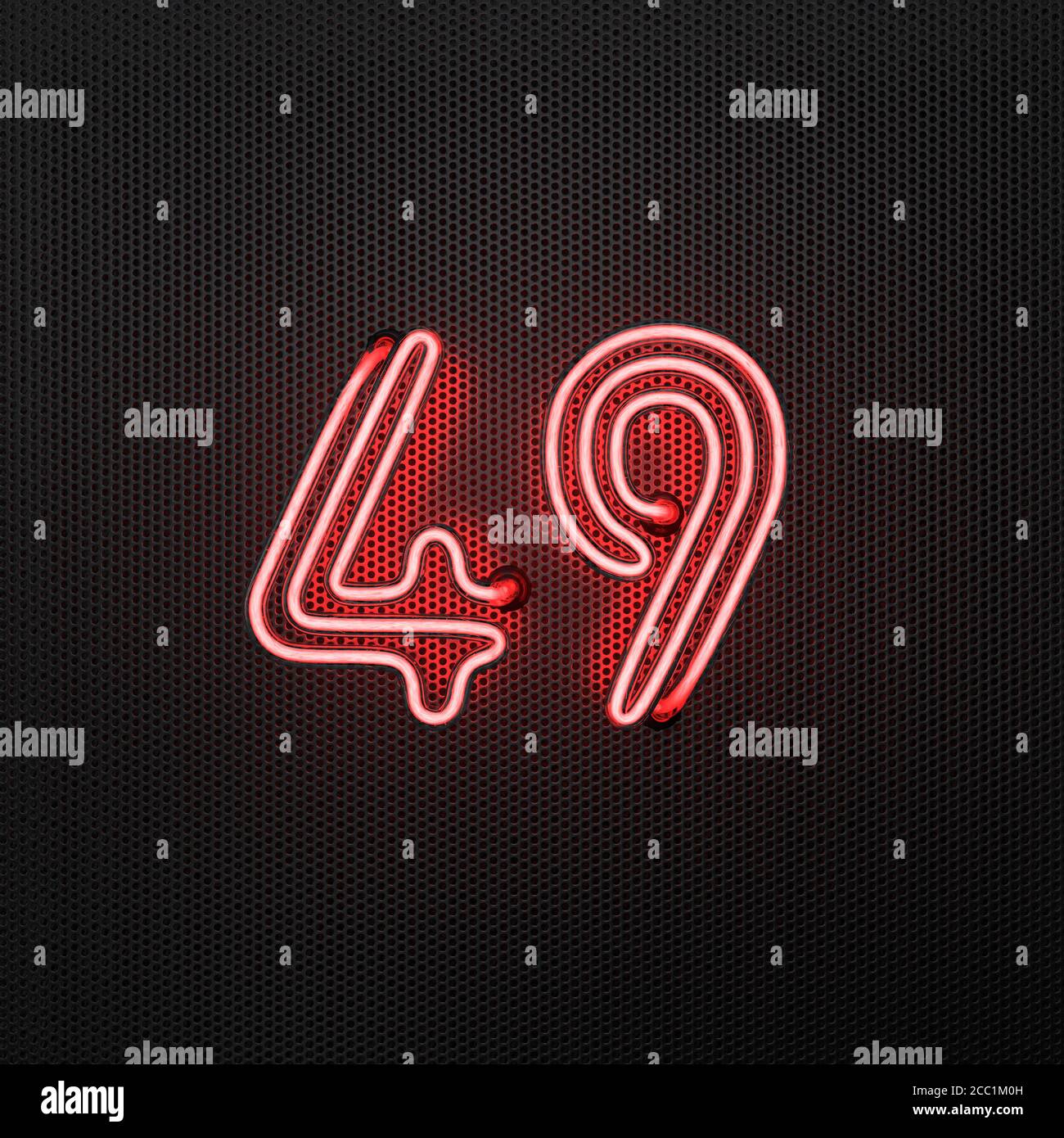 Glowing red neon number 49 (number forty-nine) on a perforated metal ...