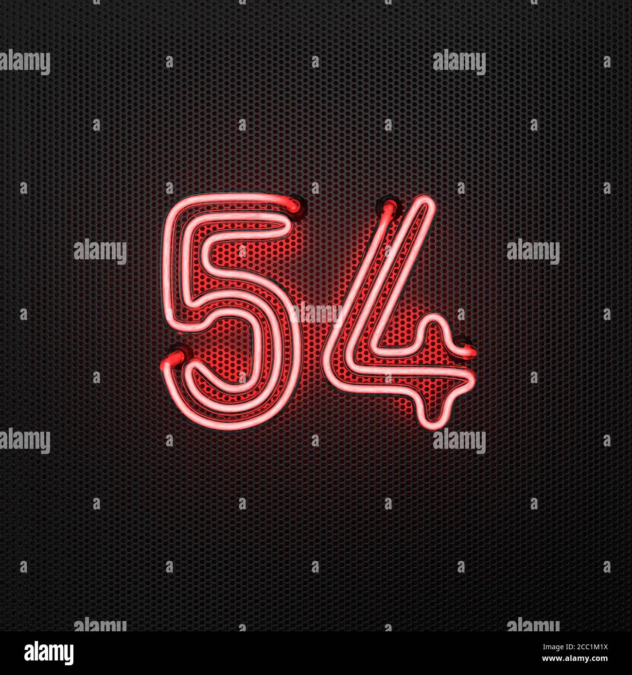Glowing red neon number 54 (number fifty-four) on a perforated metal ...