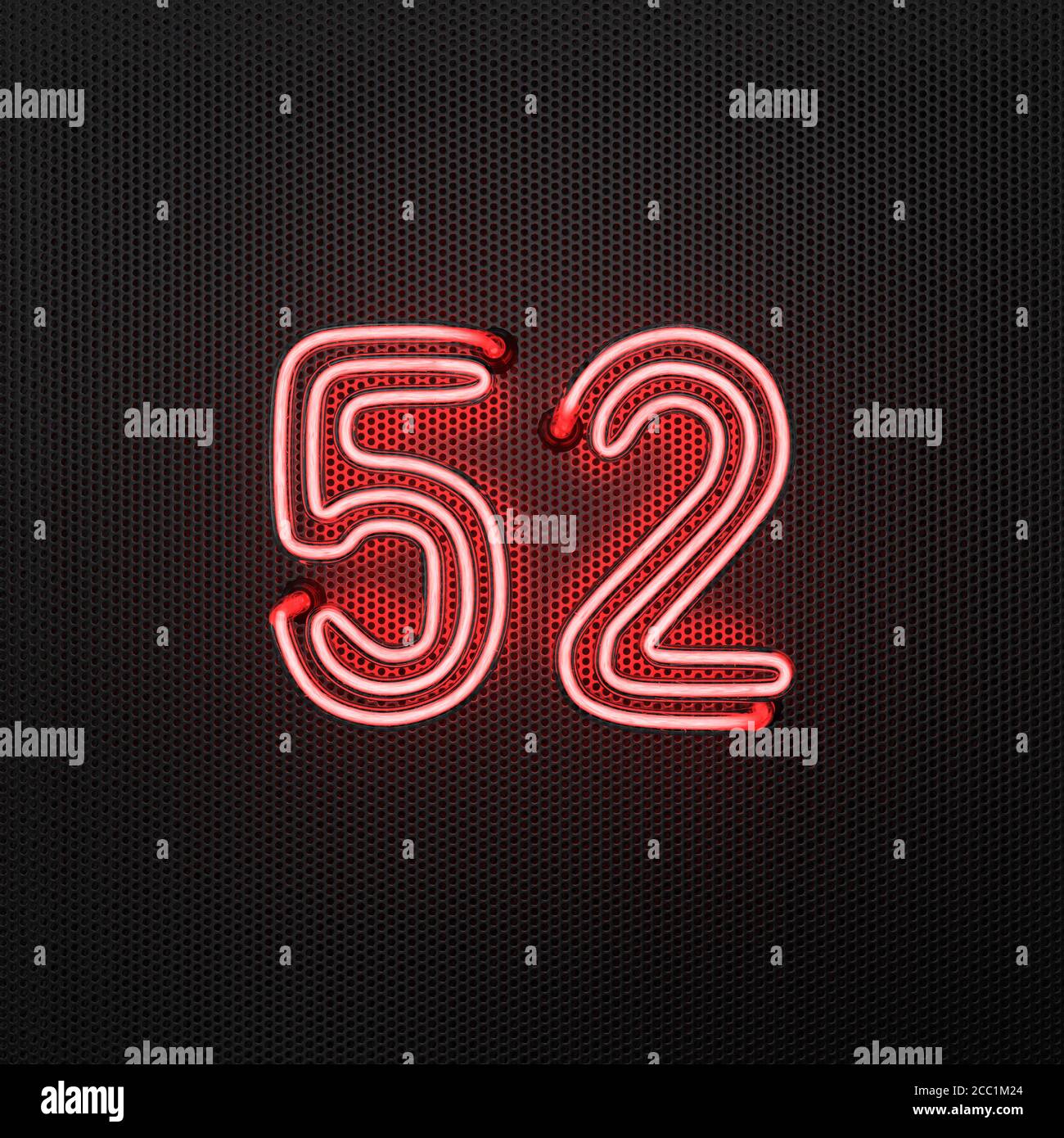 Glowing red neon number 52 (number fifty-two) on a perforated metal ...