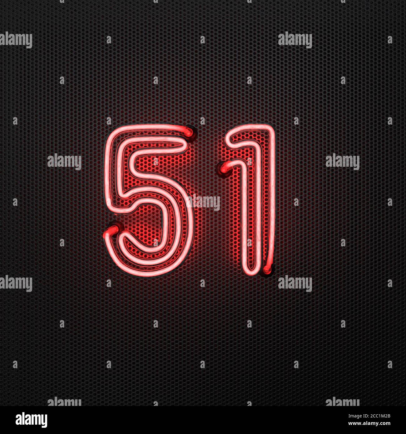 Glowing red neon number 51 (number fifty-one) on a perforated metal ...