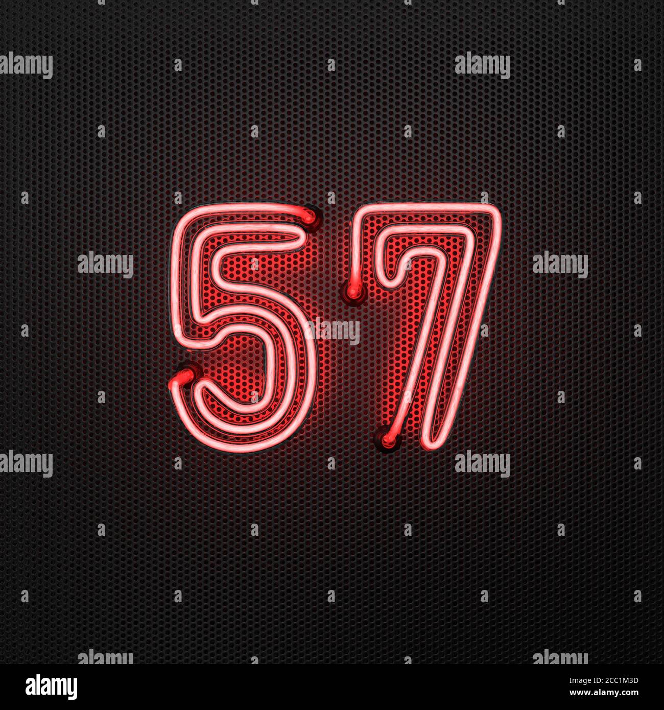 Glowing red neon number 57 (number fifty-seven) on a perforated metal ...