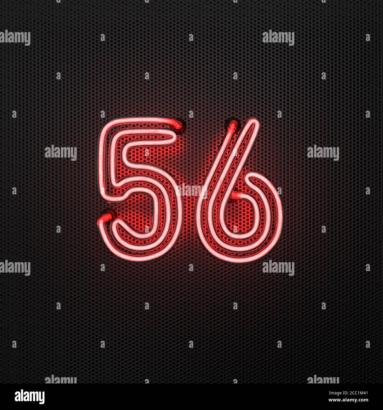 Glowing red neon number 56 (number fifty-six) on a perforated metal ...