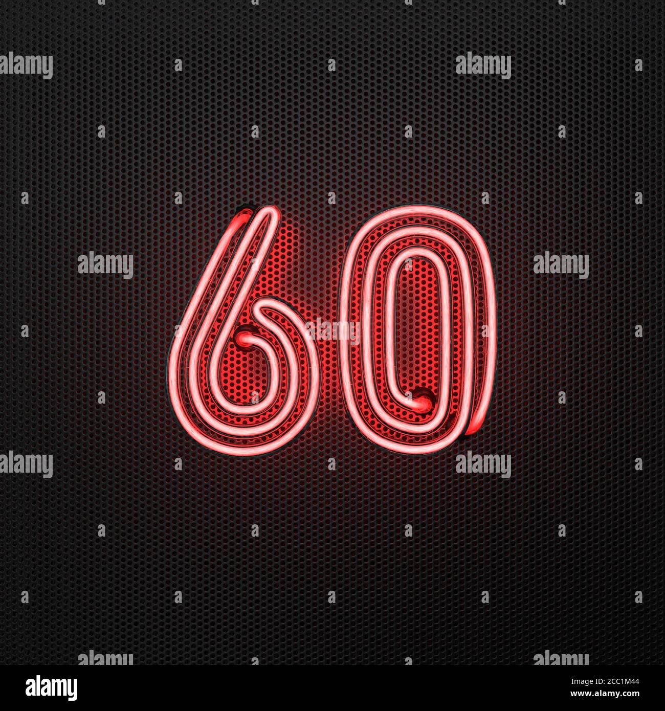 Glowing red neon number 60 (number sixty) on a perforated metal ...