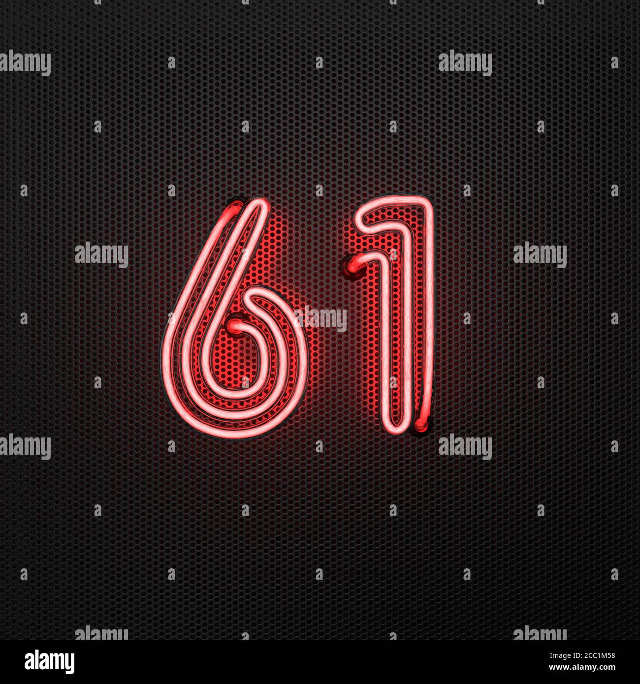 Glowing red neon number 61 (number sixty-one) on a perforated metal ...