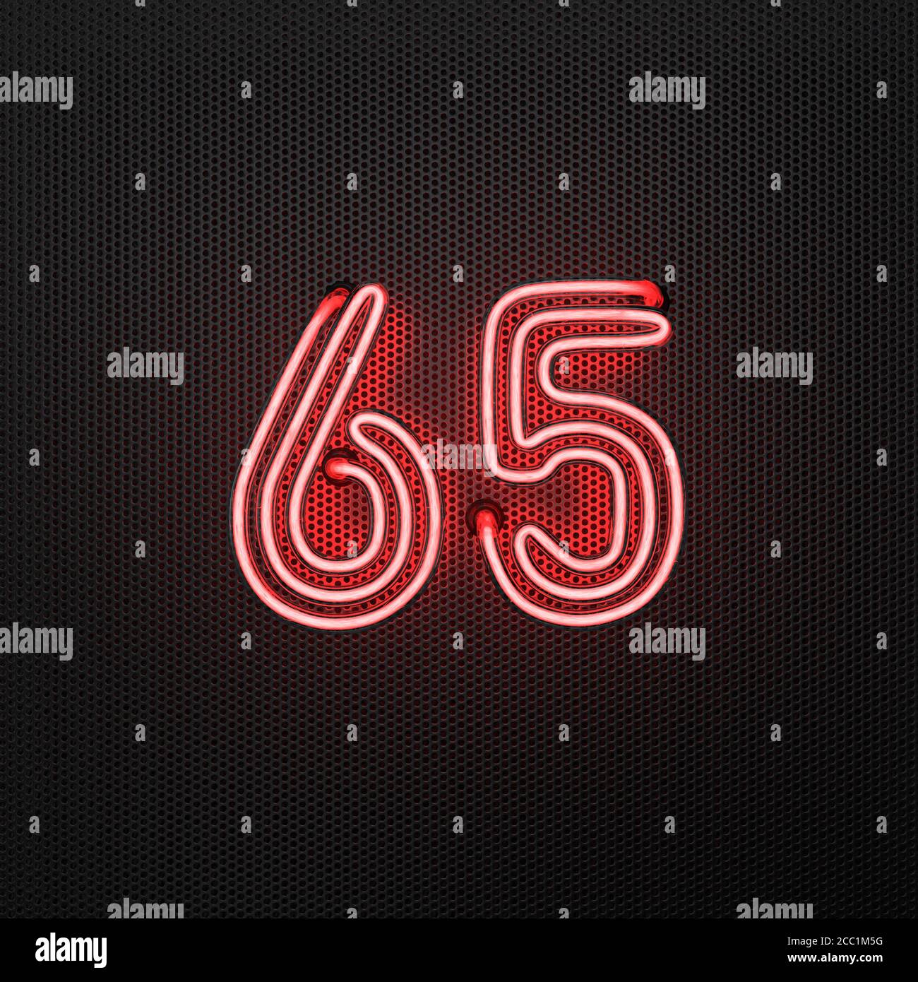 Glowing red neon number 65 (number sixty-five) on a perforated metal ...