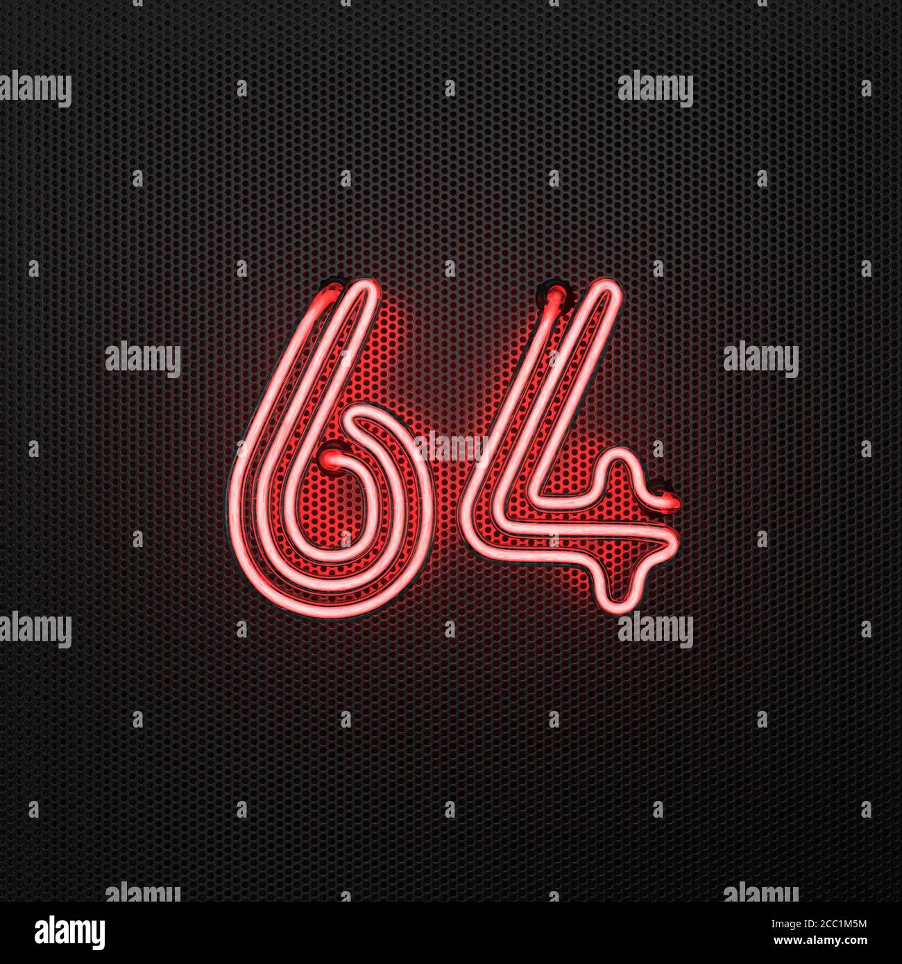 Glowing red neon number 64 (number sixty-four) on a perforated metal ...