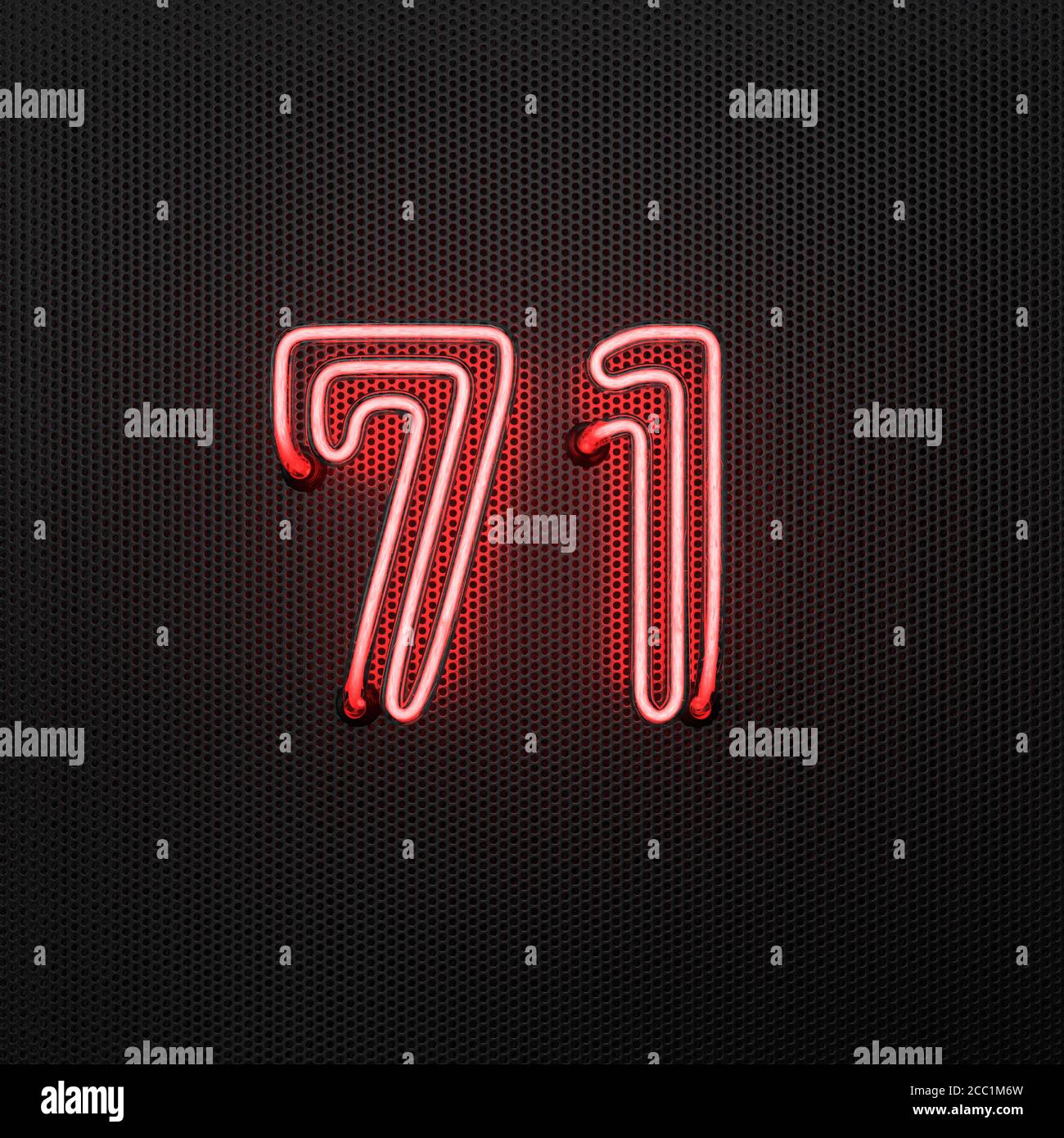 Glowing red neon number 71 (number seventy-one) on a perforated metal ...