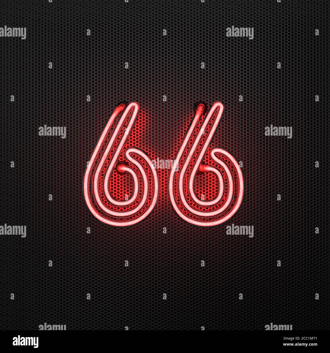 Glowing red neon number 66 (number sixty-six) on a perforated metal ...