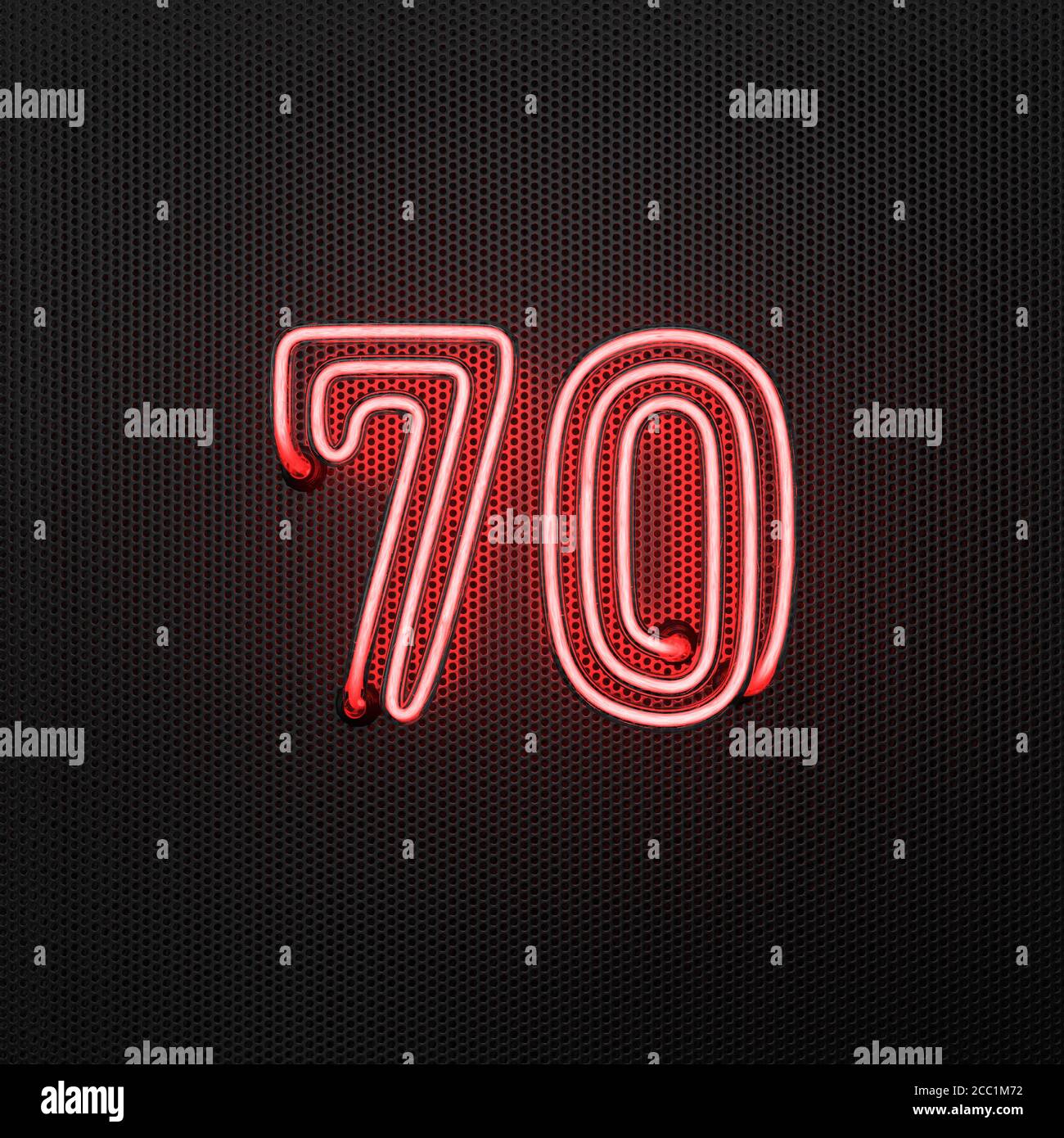 Glowing red neon number 70 (number seventy) on a perforated metal ...