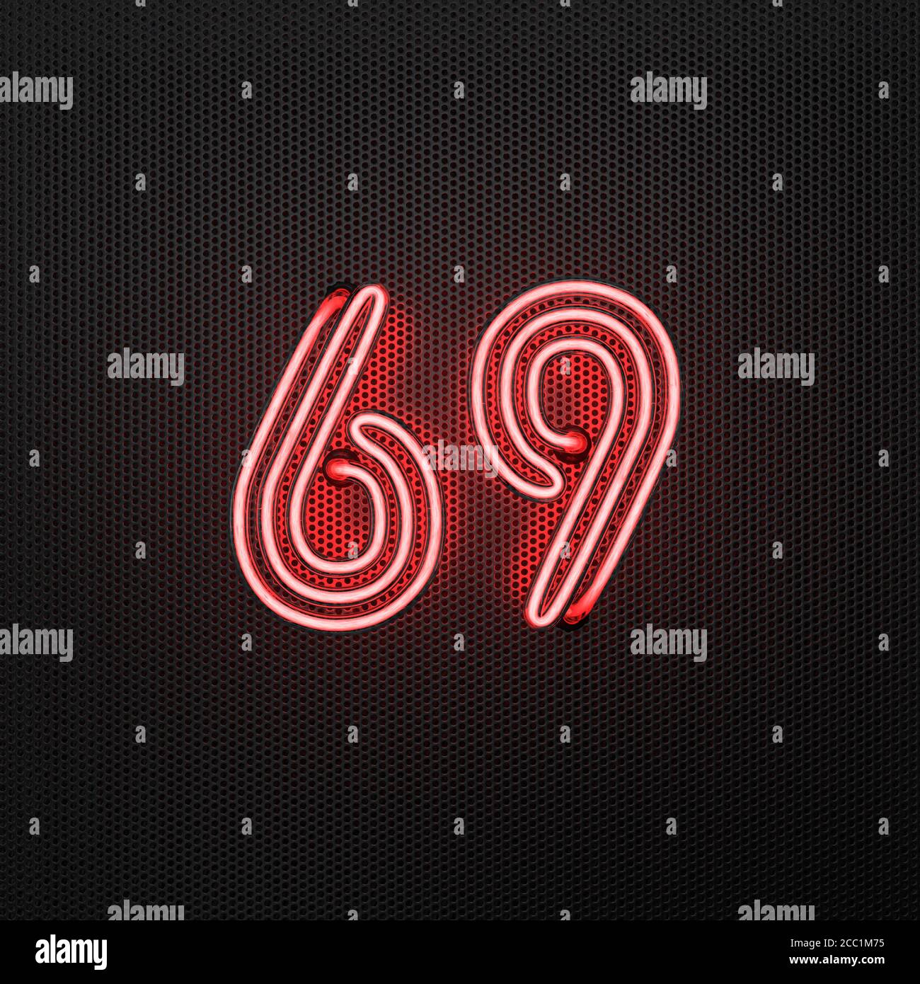 Glowing Red Neon Number 69 Number Sixty Nine On A Perforated Metal
