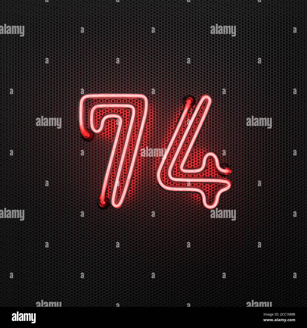 Glowing red neon number 74 (number seventy-four) on a perforated metal ...
