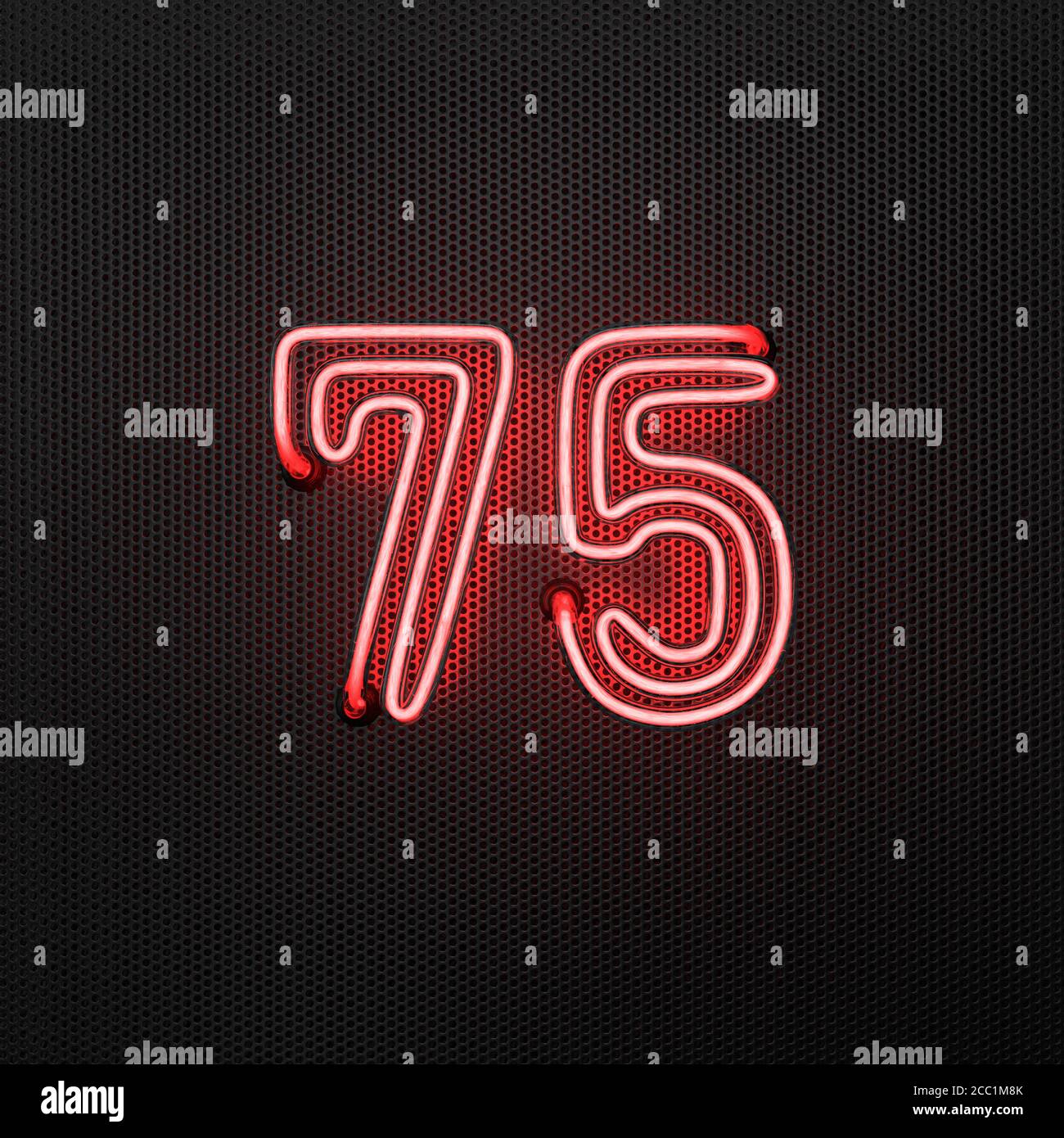 Glowing red neon number 75 (number seventy-five) on a perforated metal ...