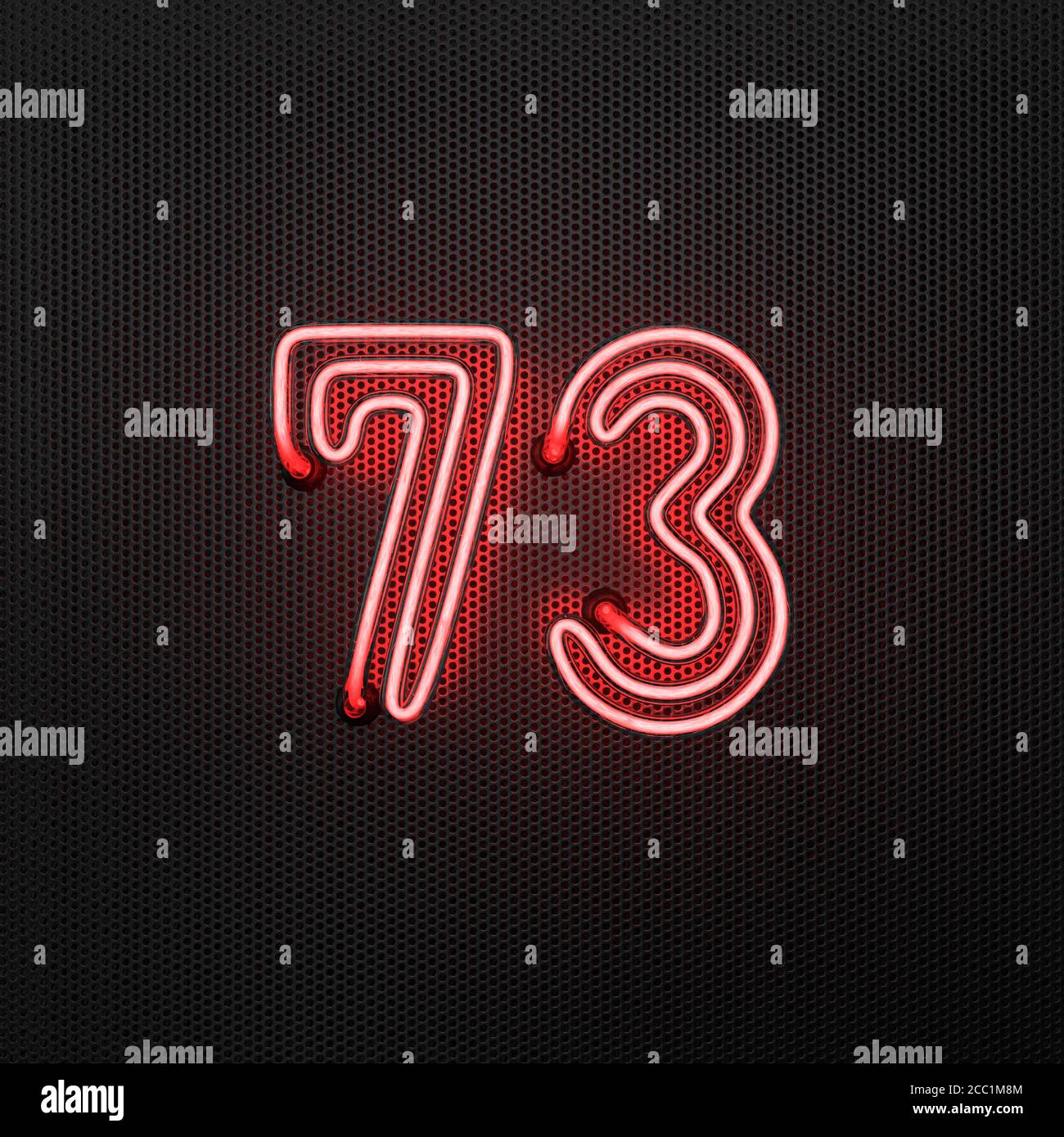 Glowing red neon number 73 (number seventy-three) on a perforated metal ...