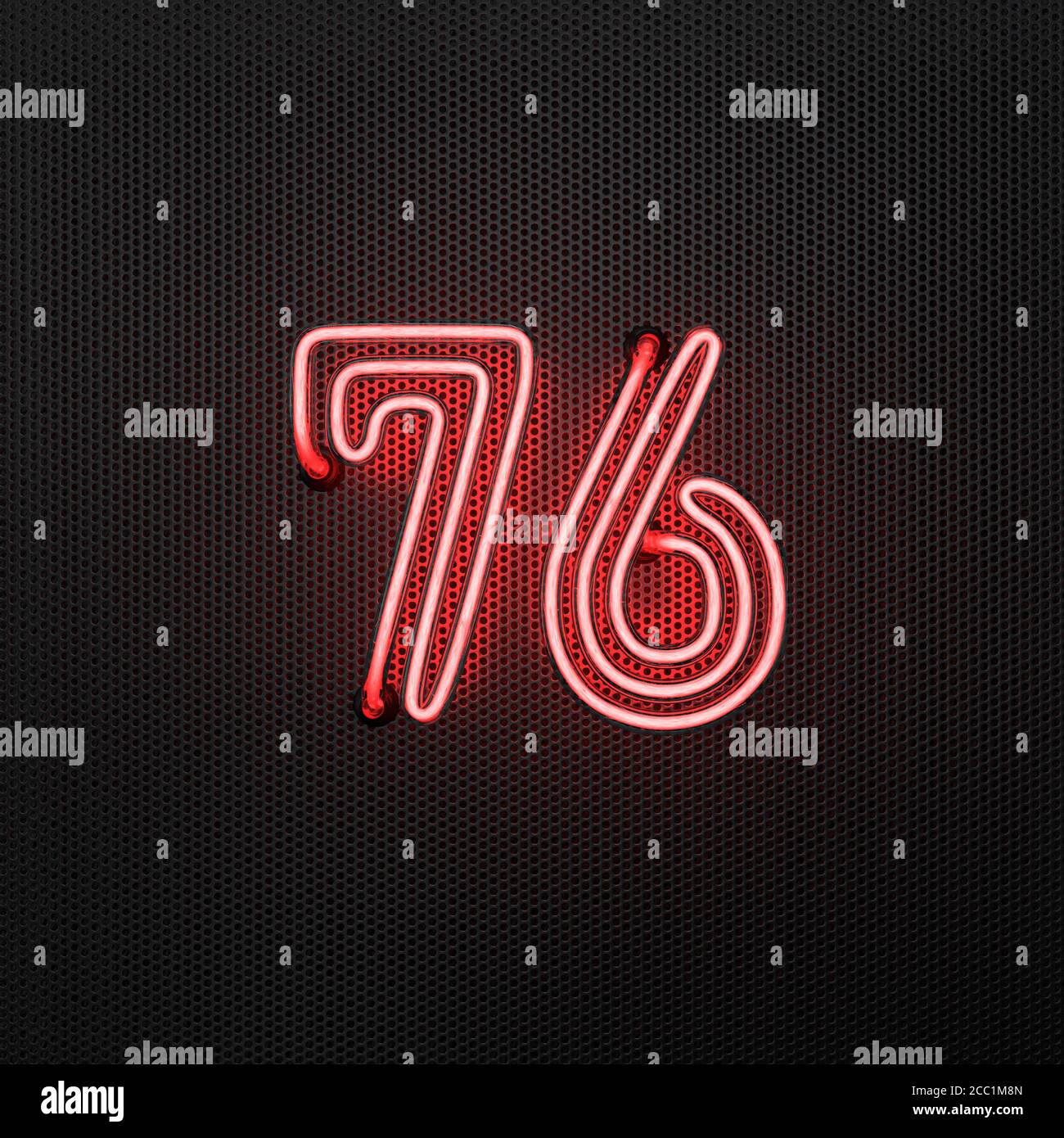 Glowing red neon number 76 (number seventy-six) on a perforated metal ...