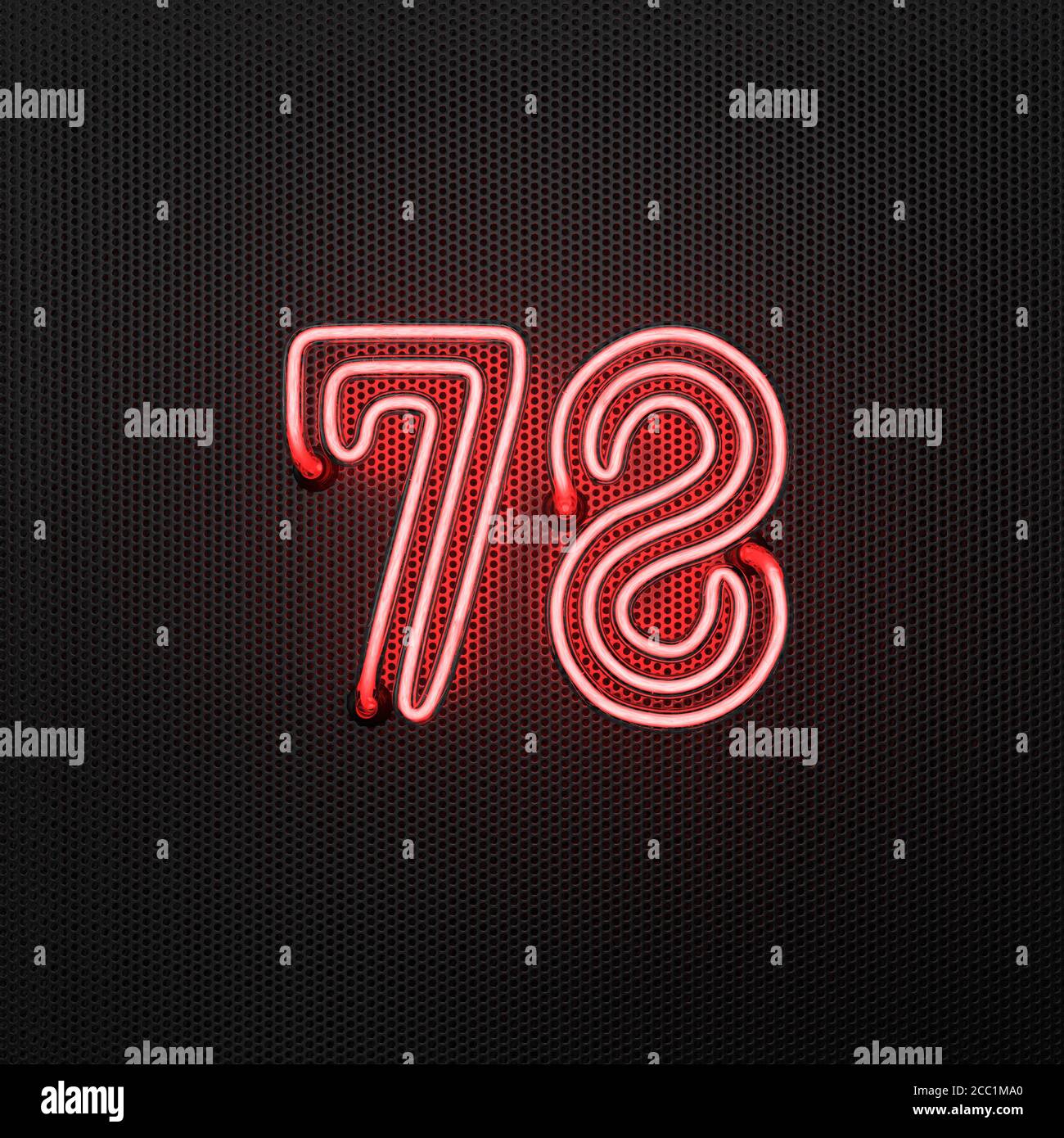 Glowing red neon number 78 (number seventy-eight) on a perforated metal ...