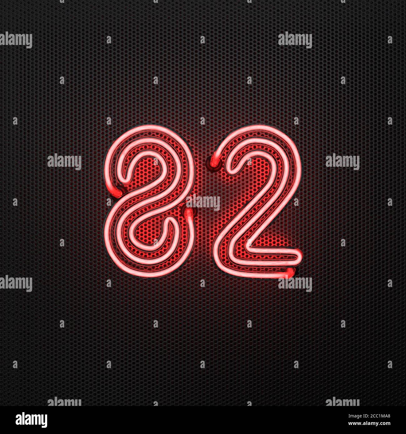 Glowing red neon number 82 (number eighty-two) on a perforated metal ...