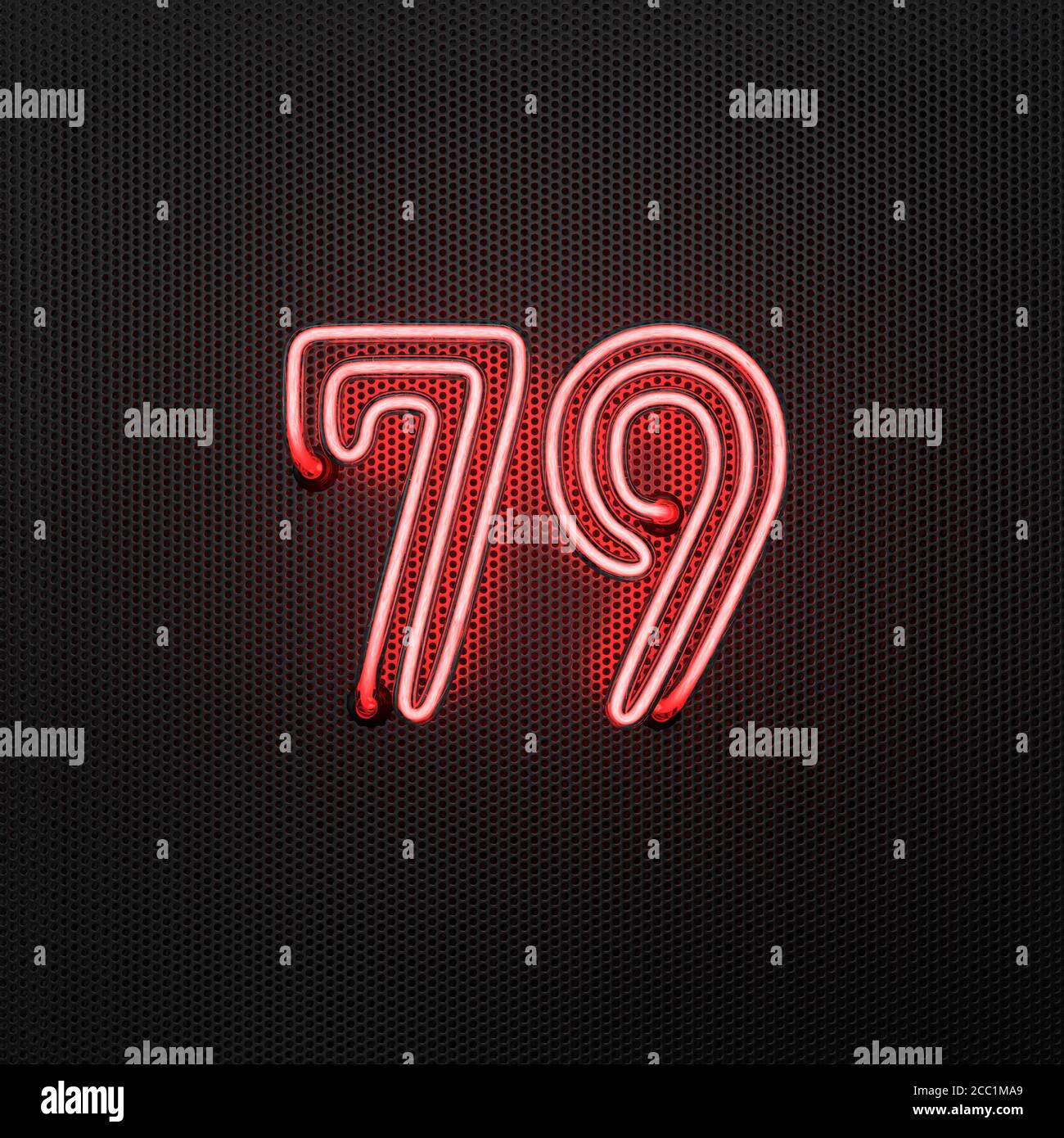 Glowing red neon number 79 (number seventy-nine) on a perforated metal ...