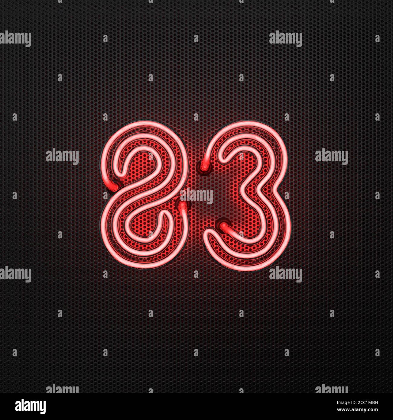 Glowing red neon number 83 (number eighty-three) on a perforated metal ...