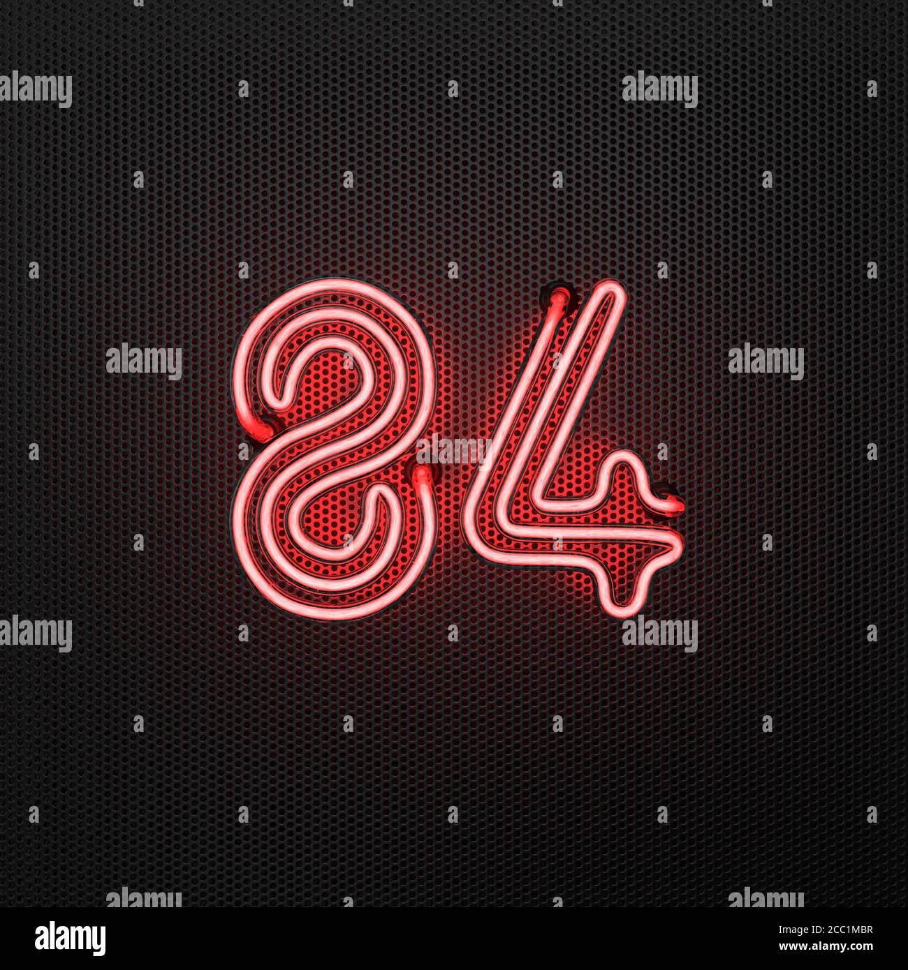 Glowing red neon number 84 (number eighty-four) on a perforated metal ...