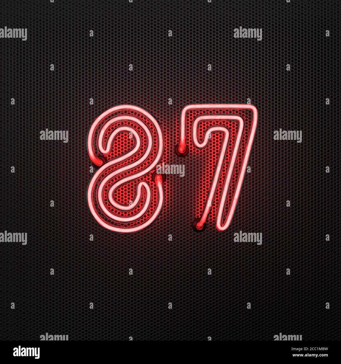 Glowing red neon number 87 (number eighty-seven) on a perforated metal ...
