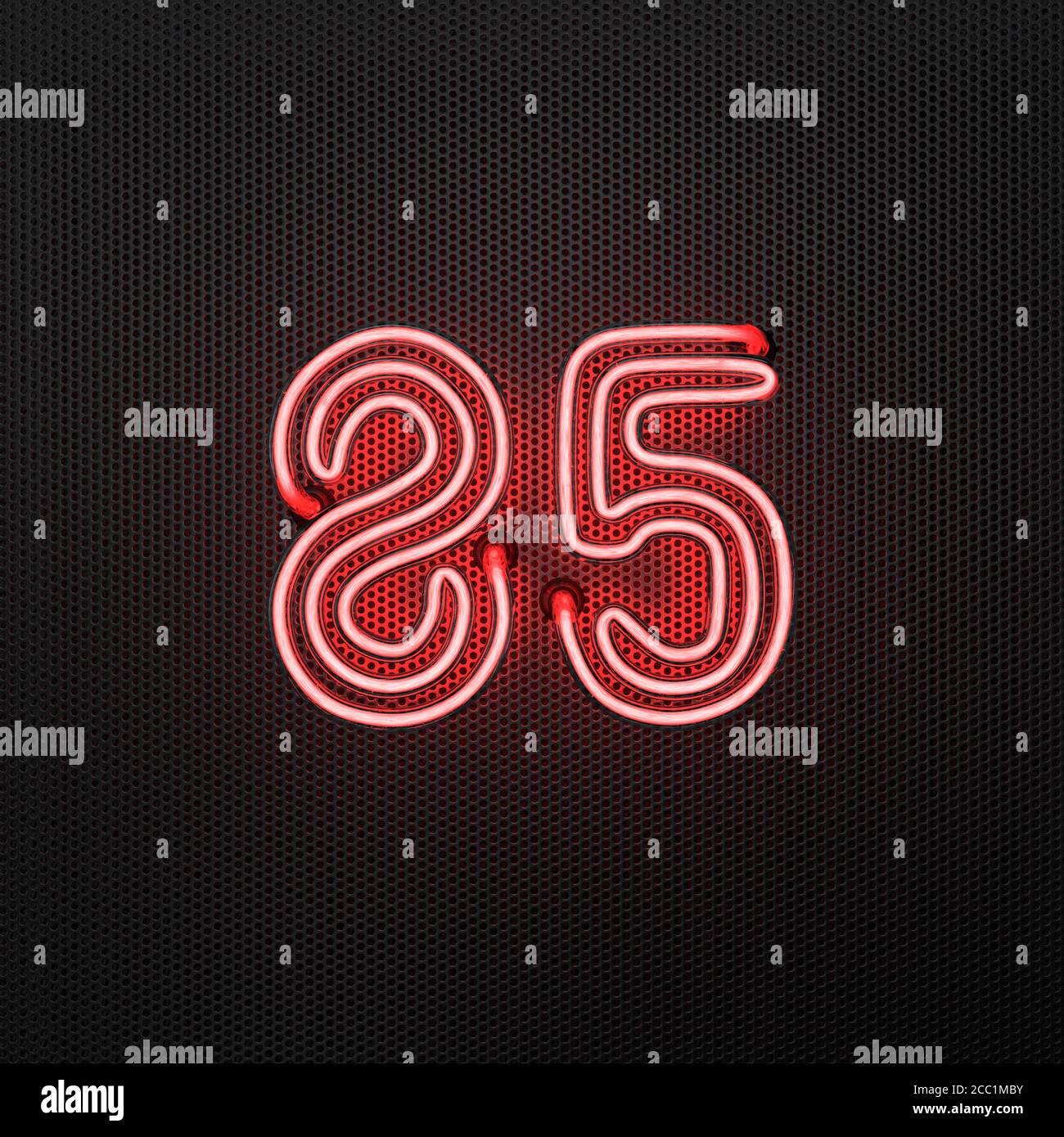 Glowing red neon number 85 (number eighty-five) on a perforated metal ...