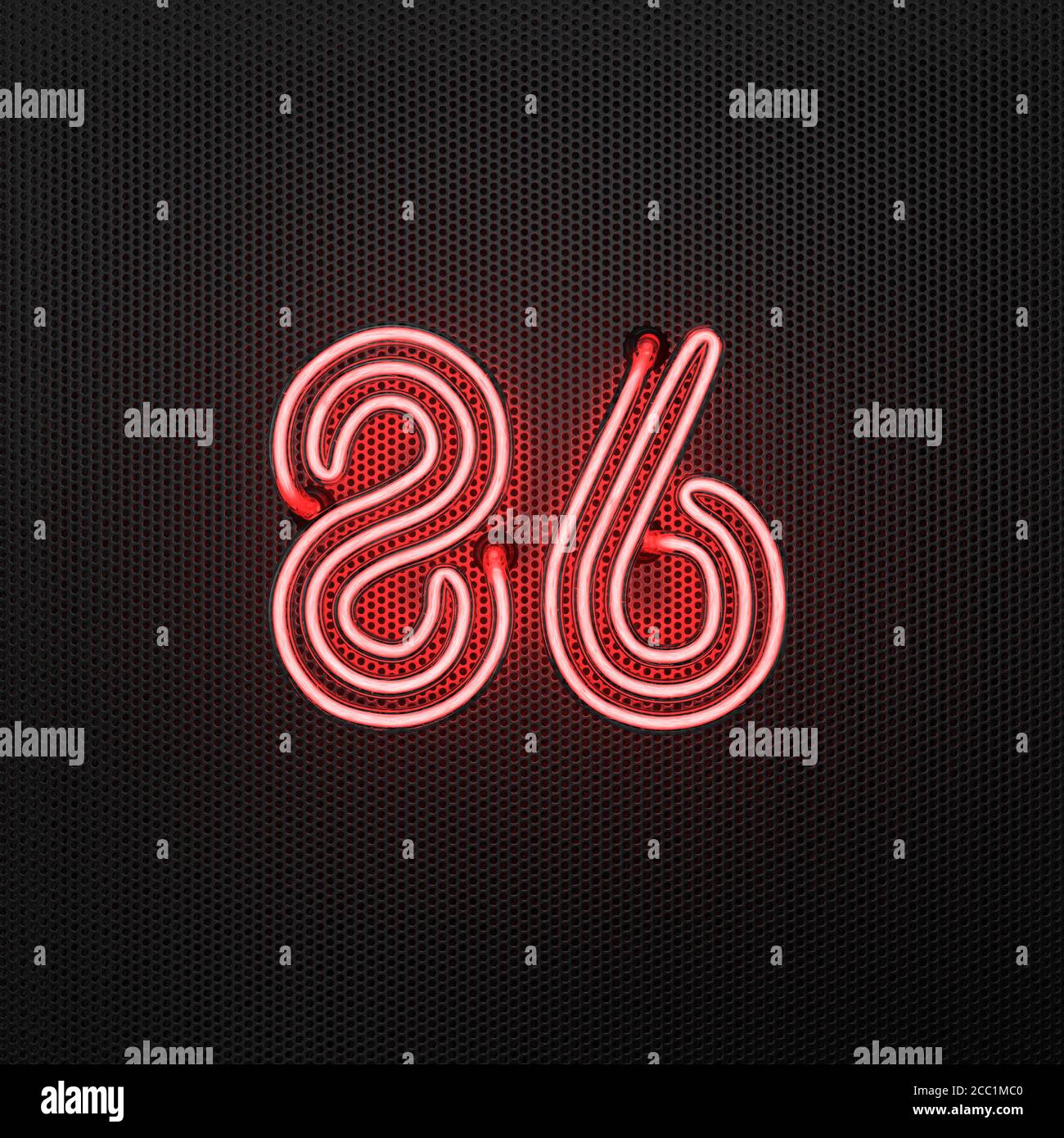 Glowing red neon number 86 (number eighty-six) on a perforated metal ...