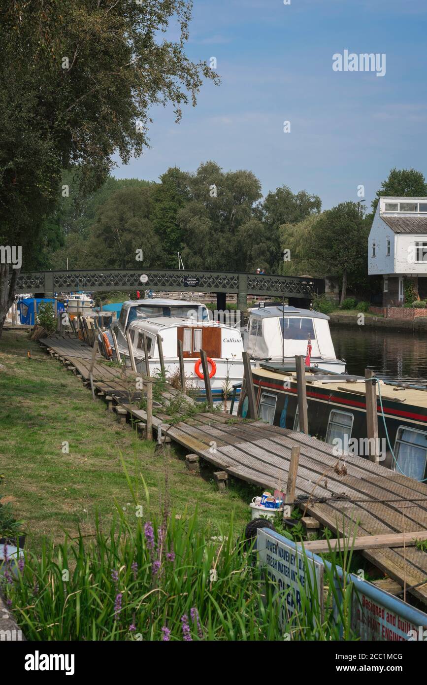 Beccles Waveney River, view in summer of landing stages sited along the ...