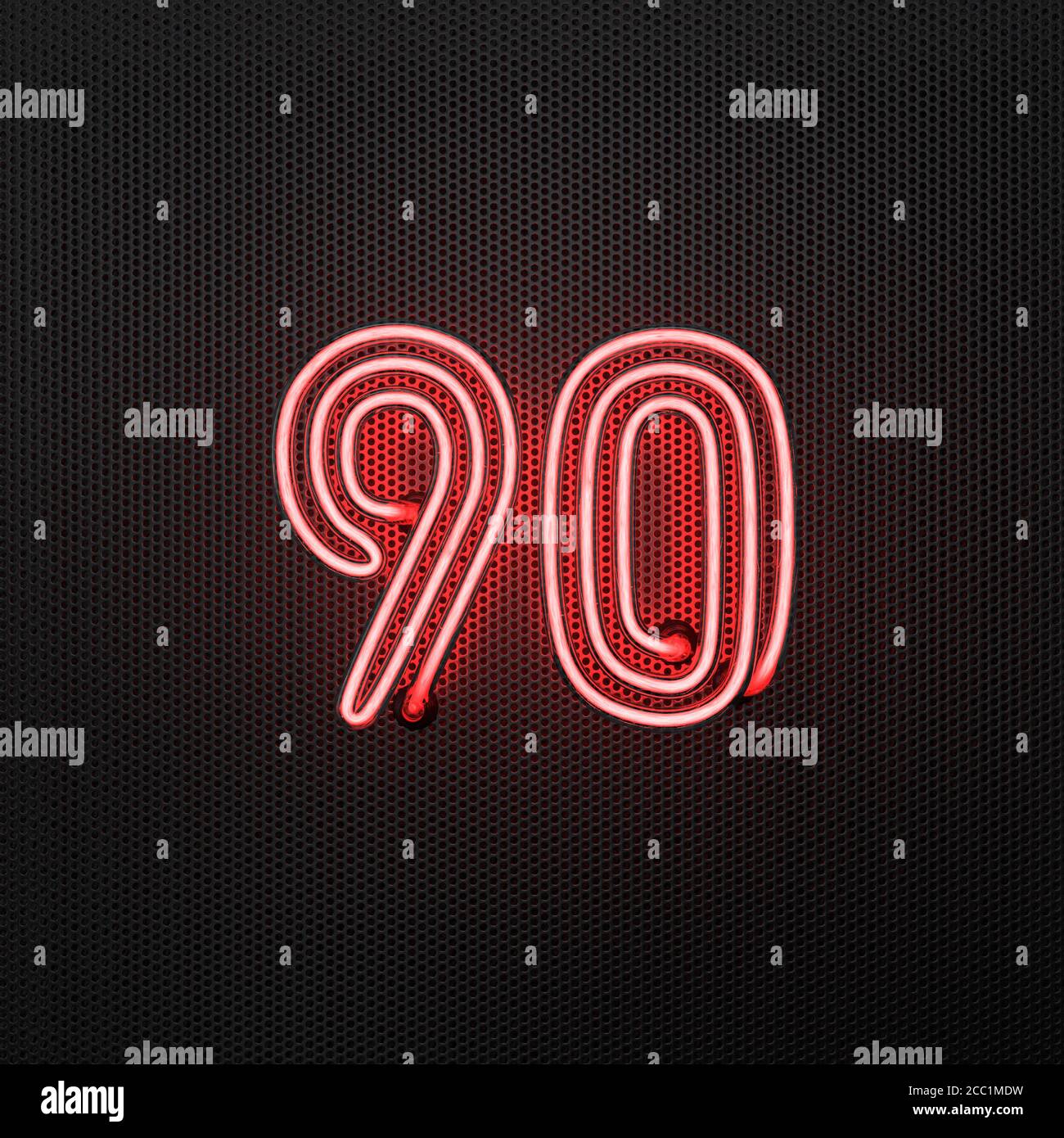 Glowing red neon number 90 (number ninety) on a perforated metal ...