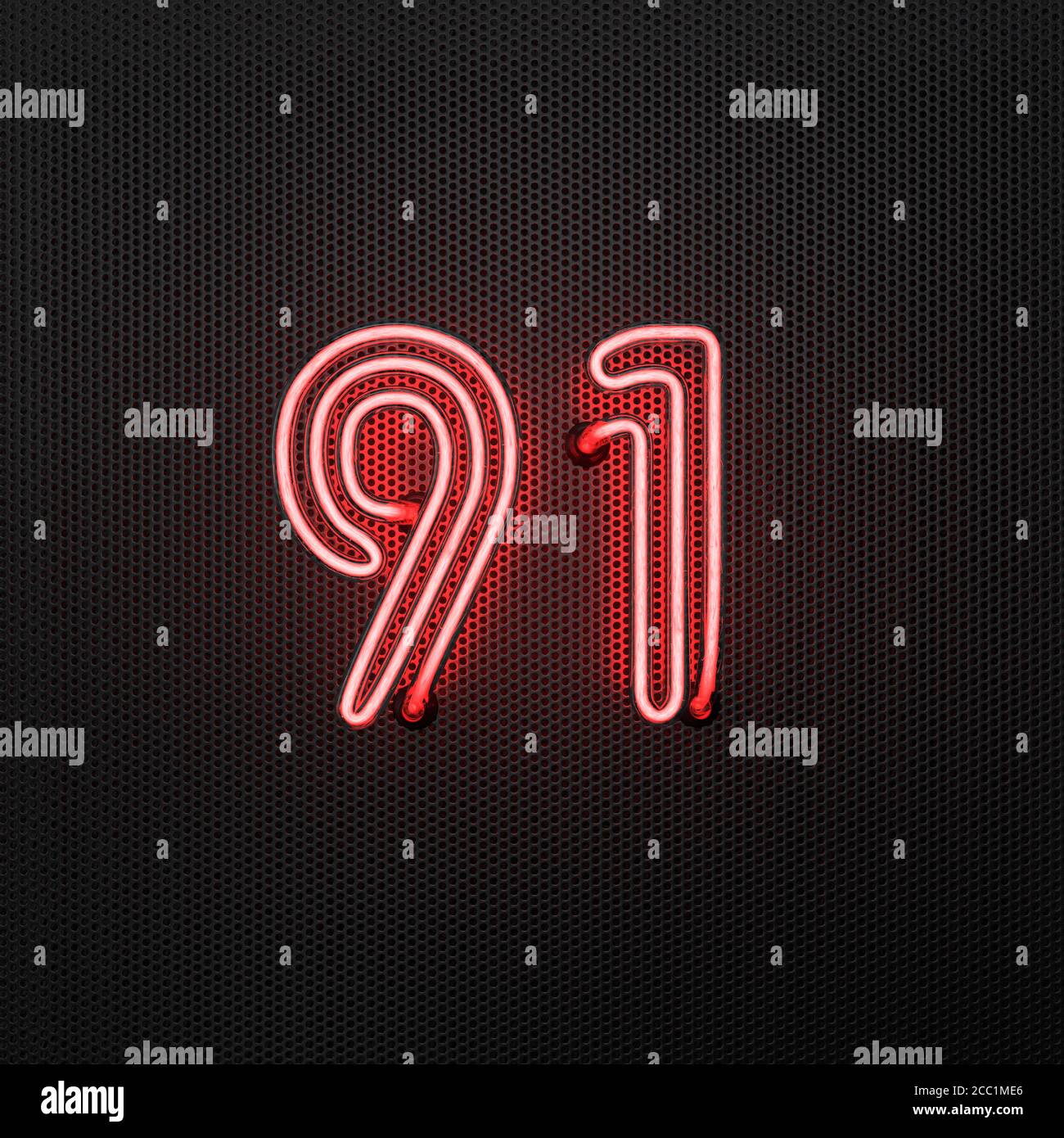Glowing red neon number 91 (number ninety-one) on a perforated metal ...