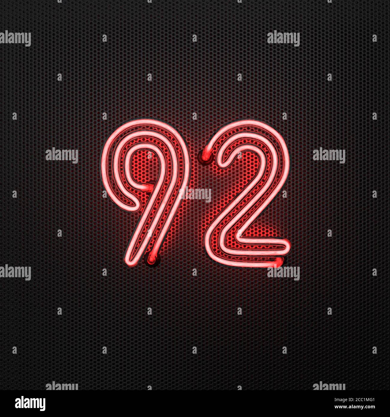 Glowing red neon number 92 (number ninety-two) on a perforated metal ...