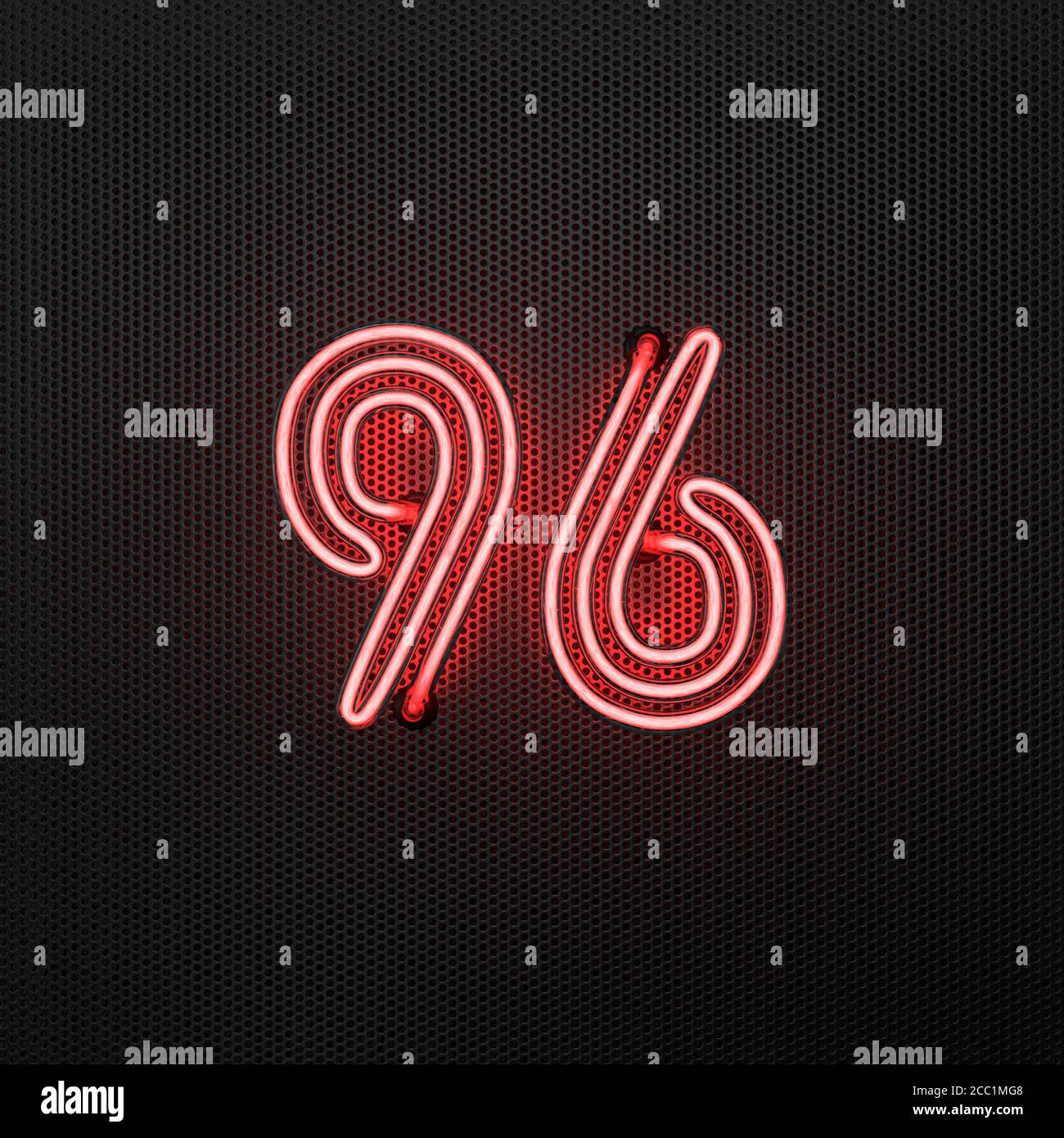 Glowing red neon number 96 (number ninety-six) on a perforated metal ...