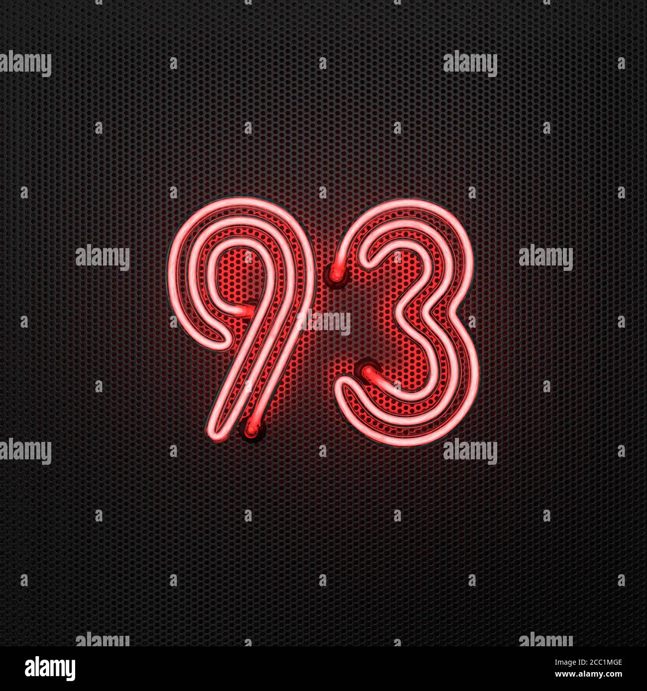 Glowing red neon number 93 (number ninety-three) on a perforated metal ...